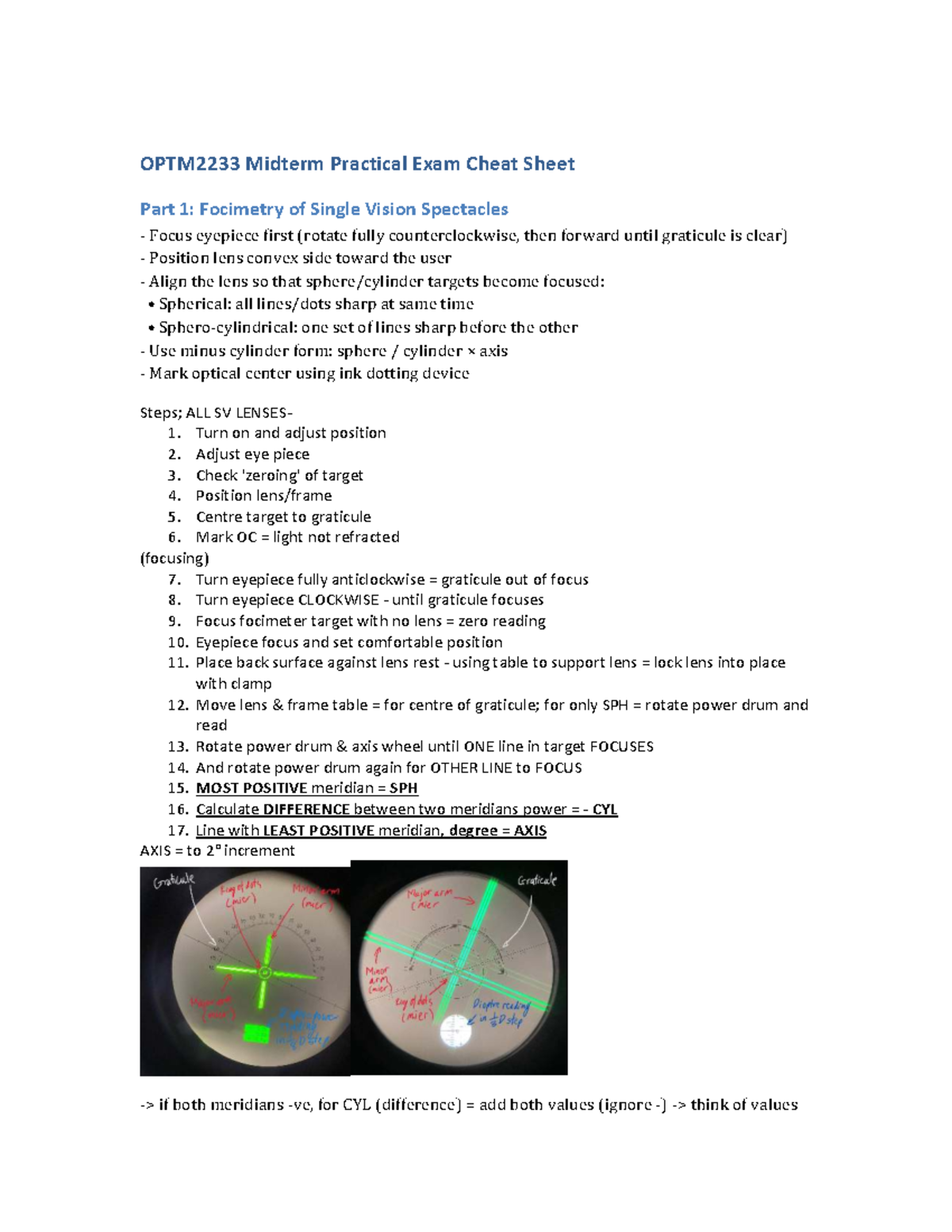 OPTM2233 Midterm Practical Exam Cheat Sheet: Focimetry & Measurements - Studocu