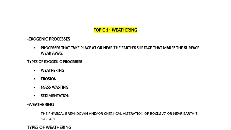 Earth Science 101: Weathering Processes and Their Effects - Studocu