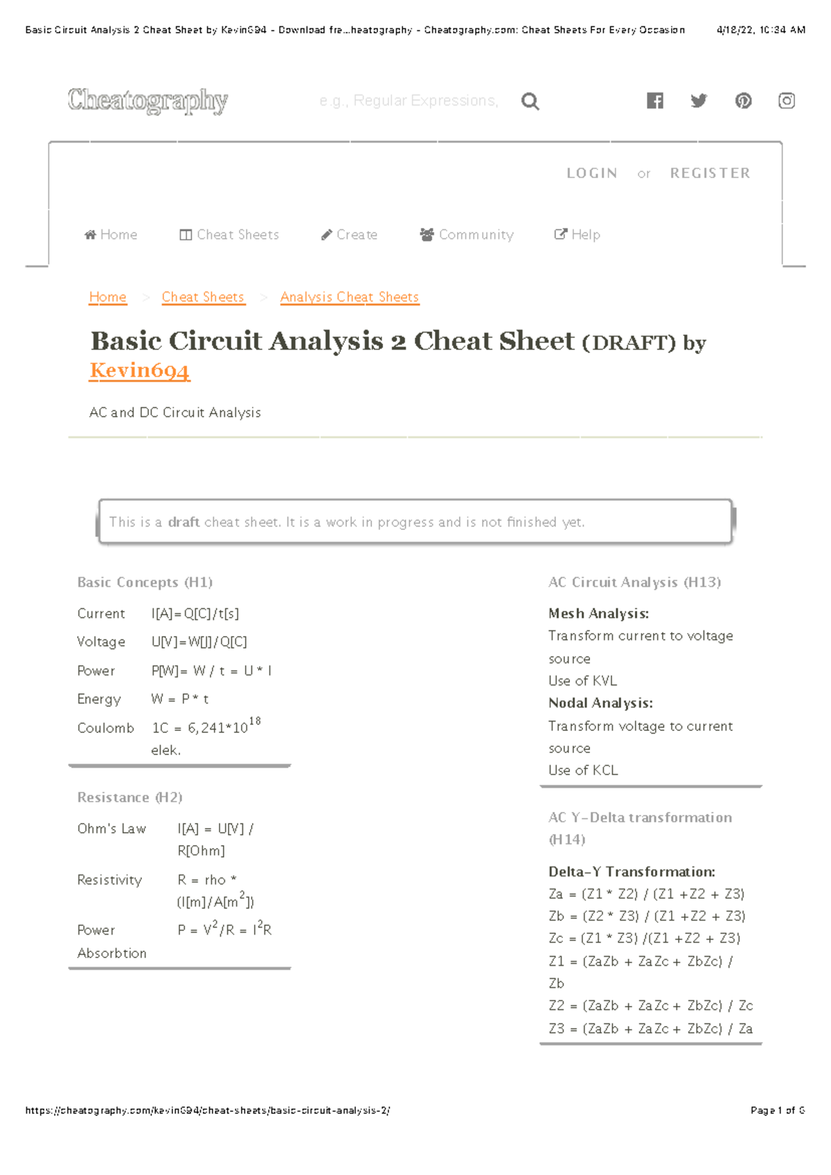 Basic Circuit Analysis 2 Cheat Sheet by Kevin 694 - Download free from Cheatography - - Studocu