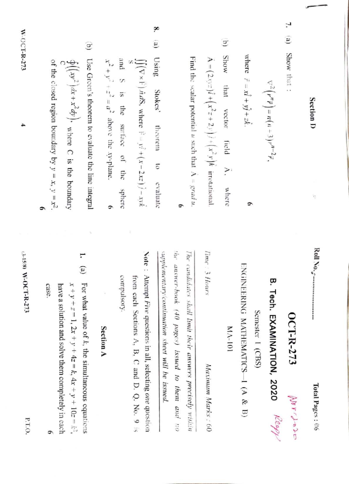 B. Tech. MA-101 Final Exam Paper - December 2022 - Studocu