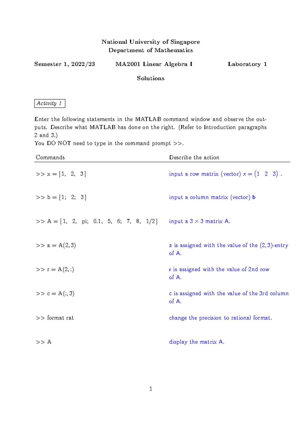 Lab1sol Lab 1 Solution Notes National University Of Singapore