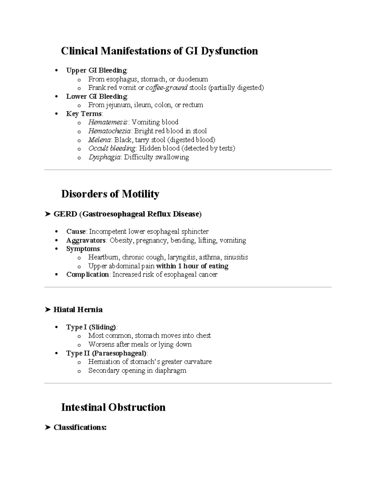 GI Notes: Clinical Manifestations and Disorders of GI Dysfunction - Studocu