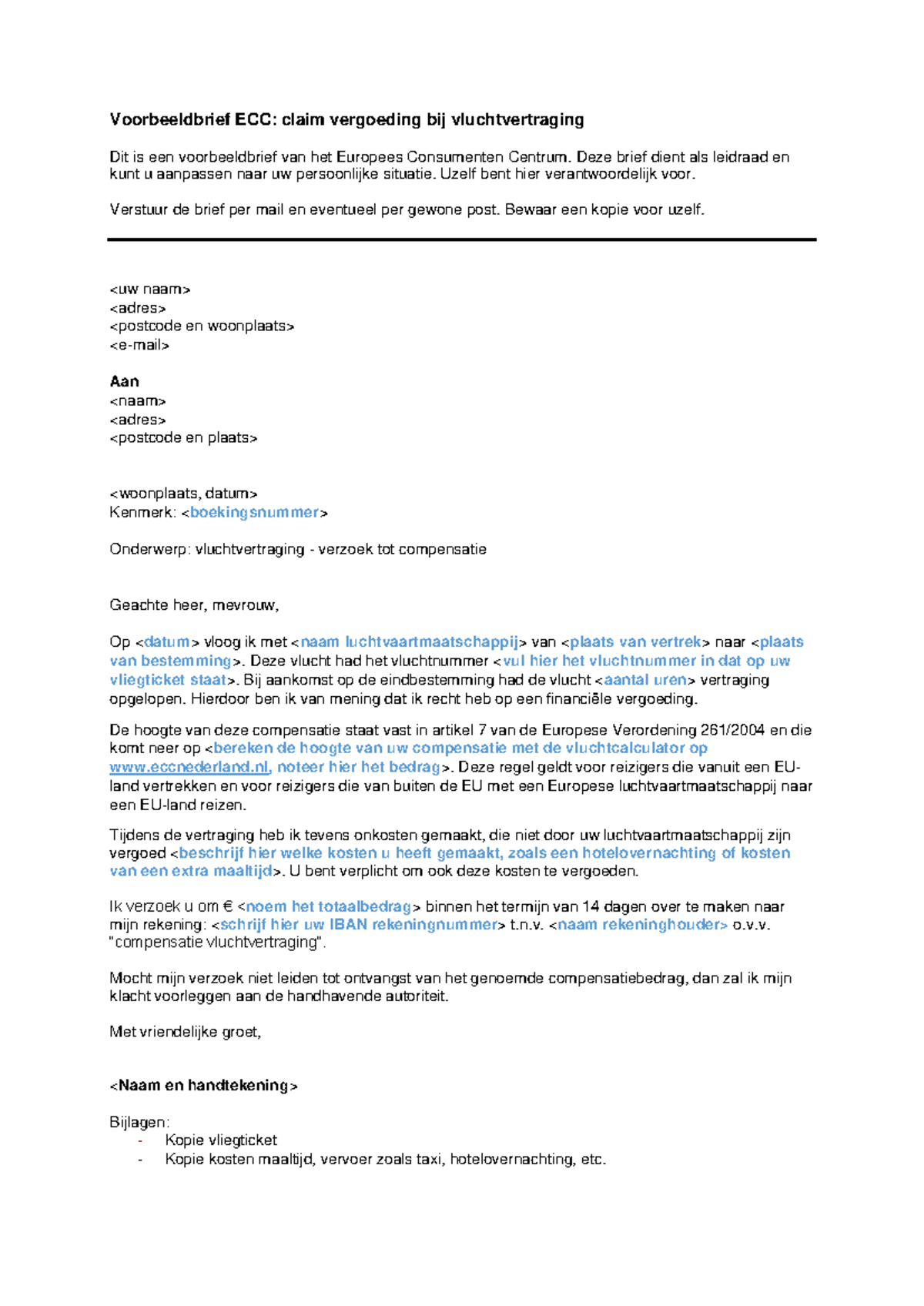 Voorbeeldbrief ECC: Vergoeding bij Vluchtvertraging - Studeersnel