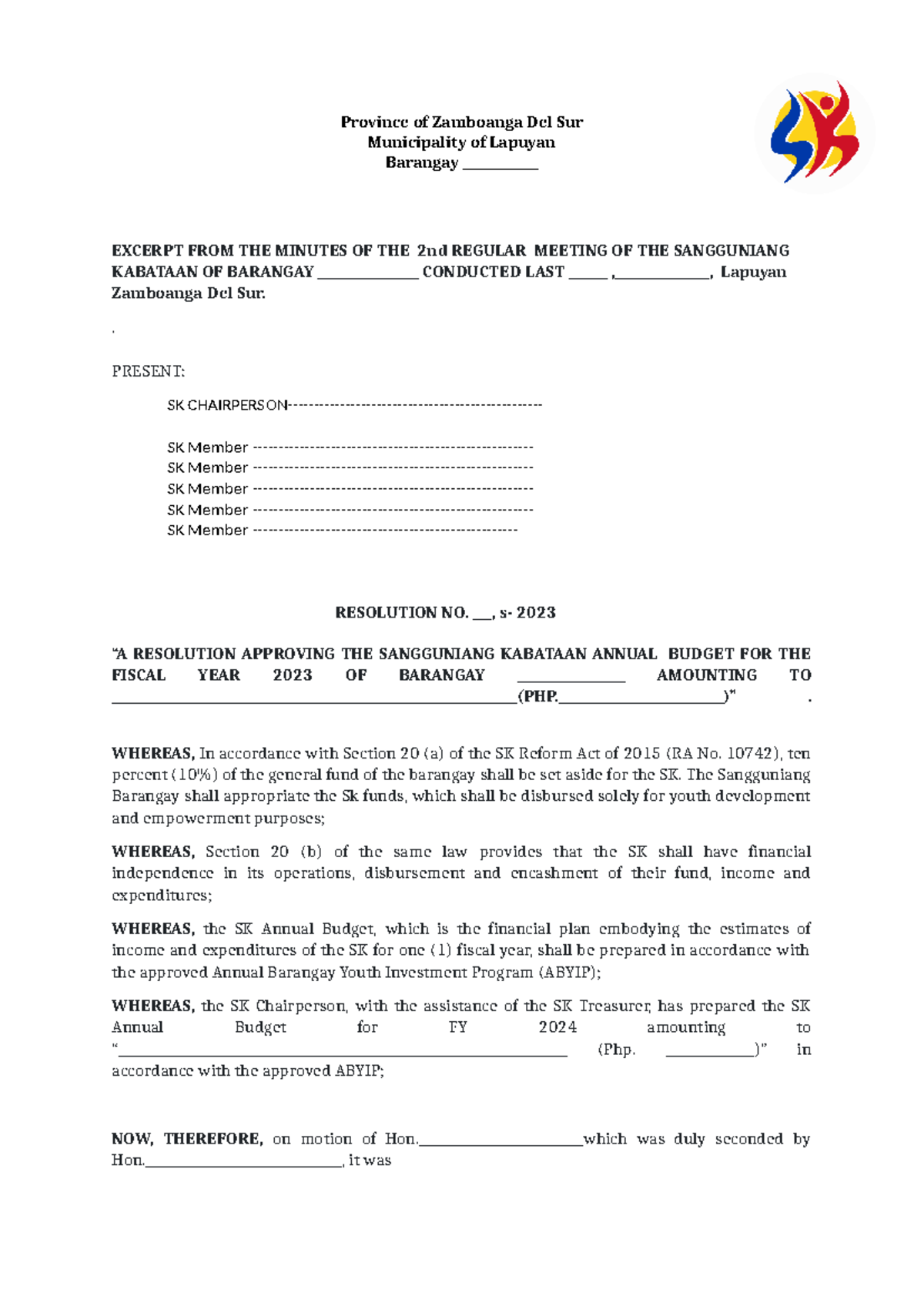 SK Resolution Approving Annual Budget for FY 2024 - Lapuyan - Studocu