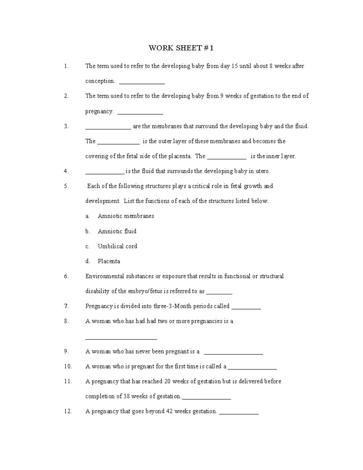 HW 1 OB - Fetal Development and Pregnancy Worksheet - Studocu