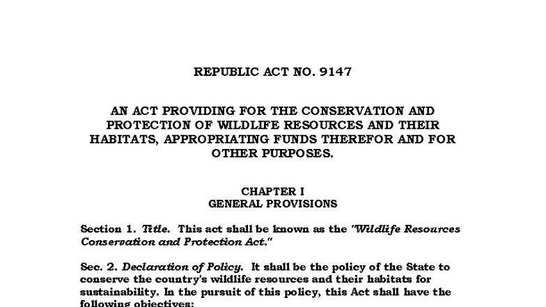 Wildlife Conservation and Protection Act (RA 9147) Overview - Studocu