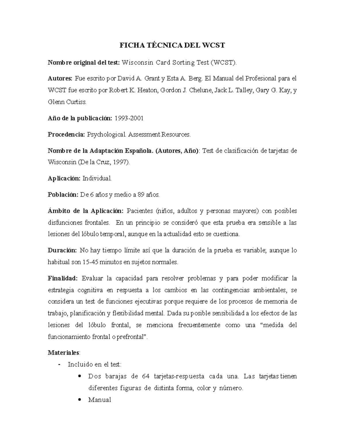 Ficha Técnica DEL WCST - FICHA TÉCNICA DEL WCST Nombre original del ...