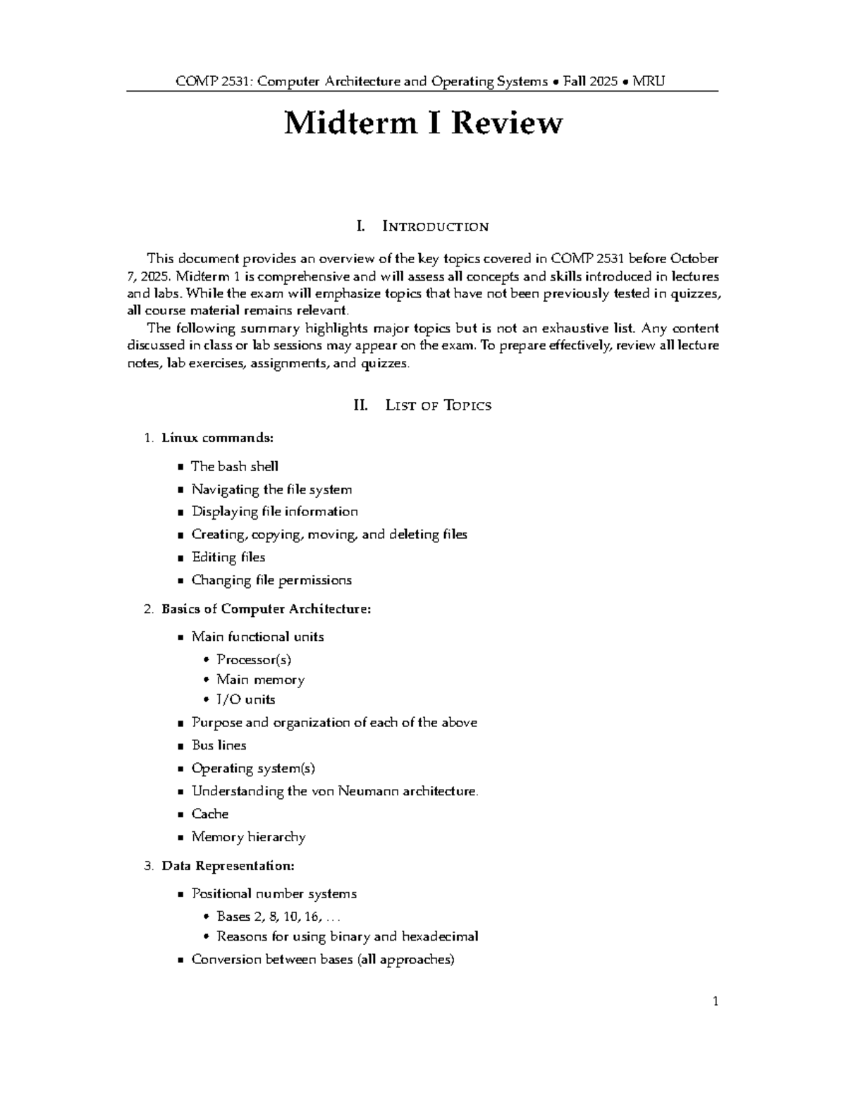 COMP 2531: Midterm I Review for Computer Architecture & OS - Studocu