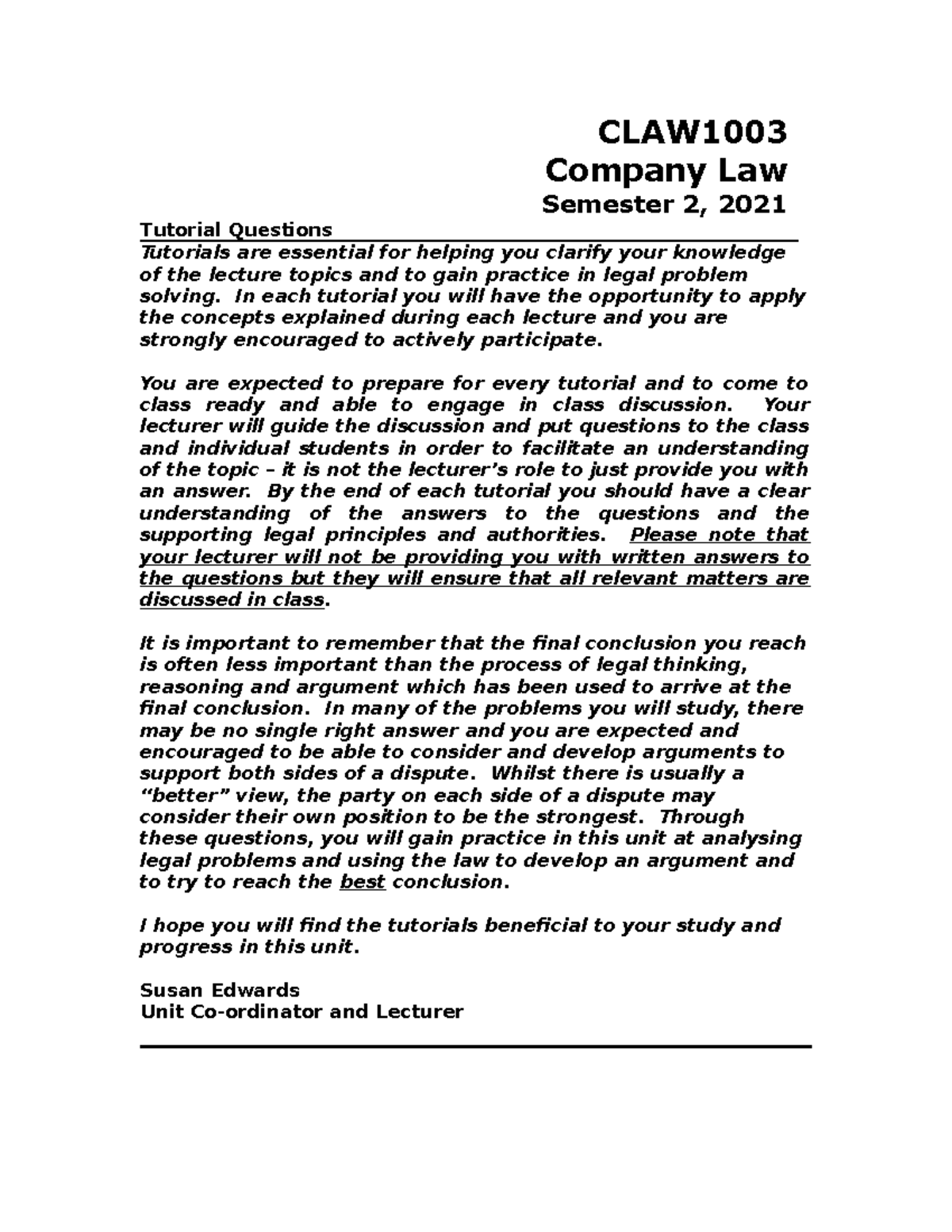 CLAW 2201 Corporations Law: Tutorial Insights and Case Analyses - Studocu
