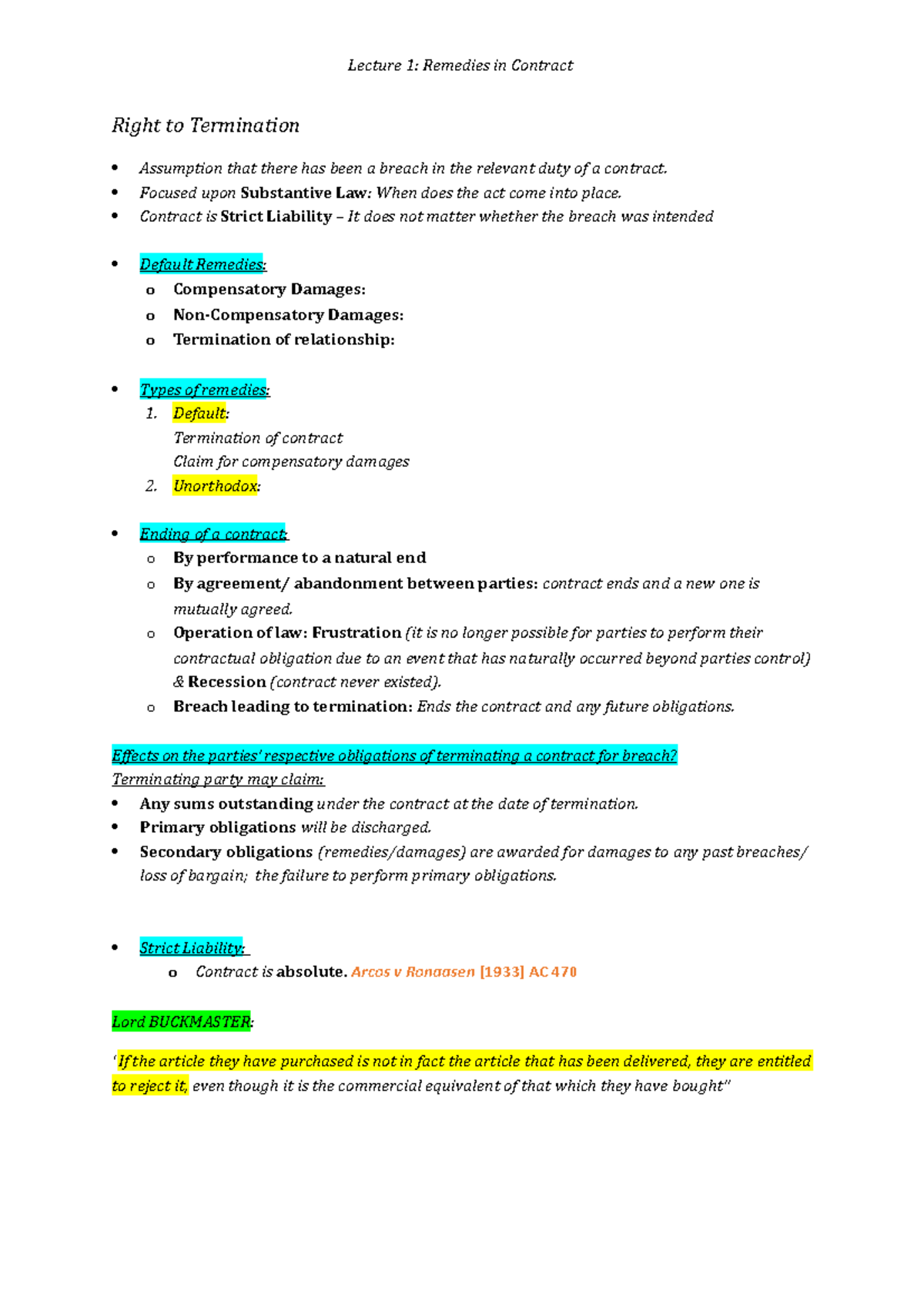 Lecture 1 - Notes on Right to Termination & Breach of Contract - Studocu
