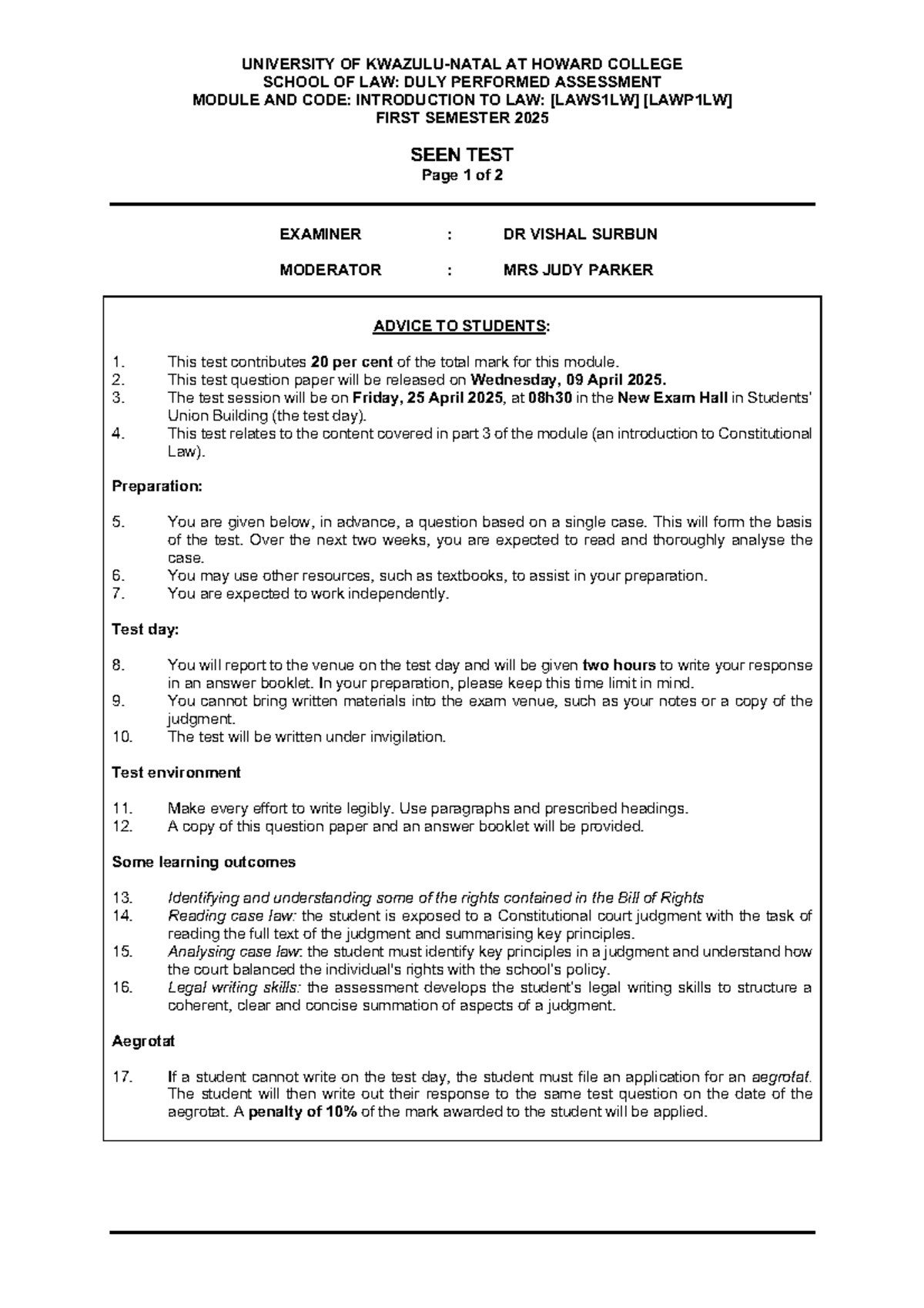 2025 LAWS[P] 1LW SEEN TEST Final - UNIVERSITY OF KWAZULU-NATAL AT ...
