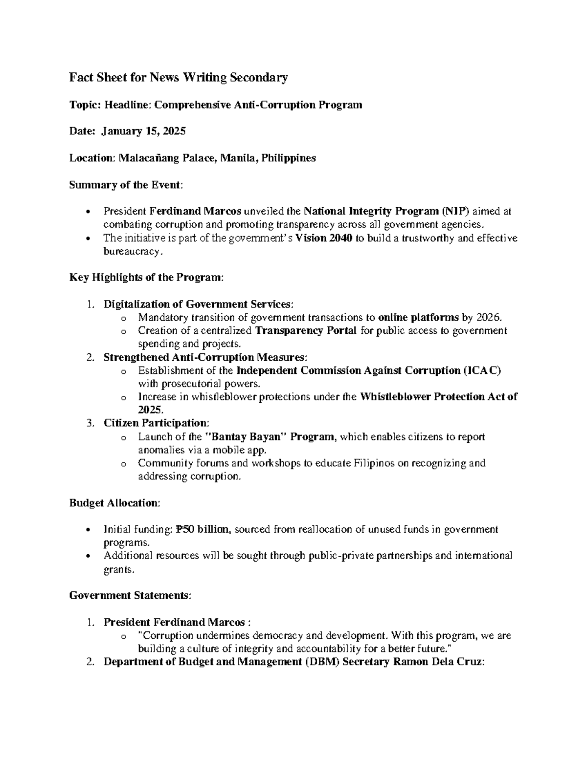 Fact Sheet: National Integrity Program Launch - News Writing - Studocu