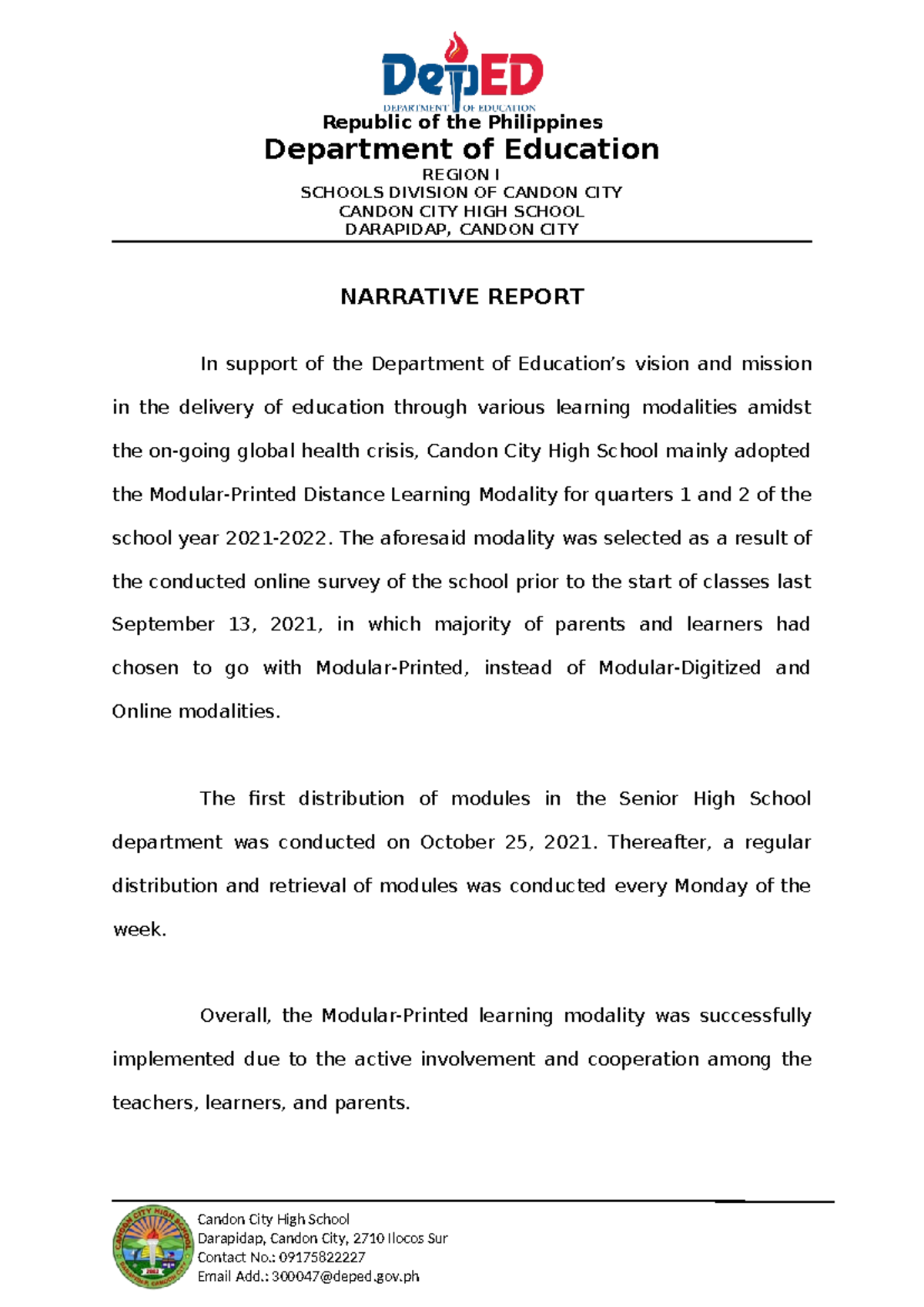 Narrative Report on the Distribution of Modules SY 2021-2022 - Studocu