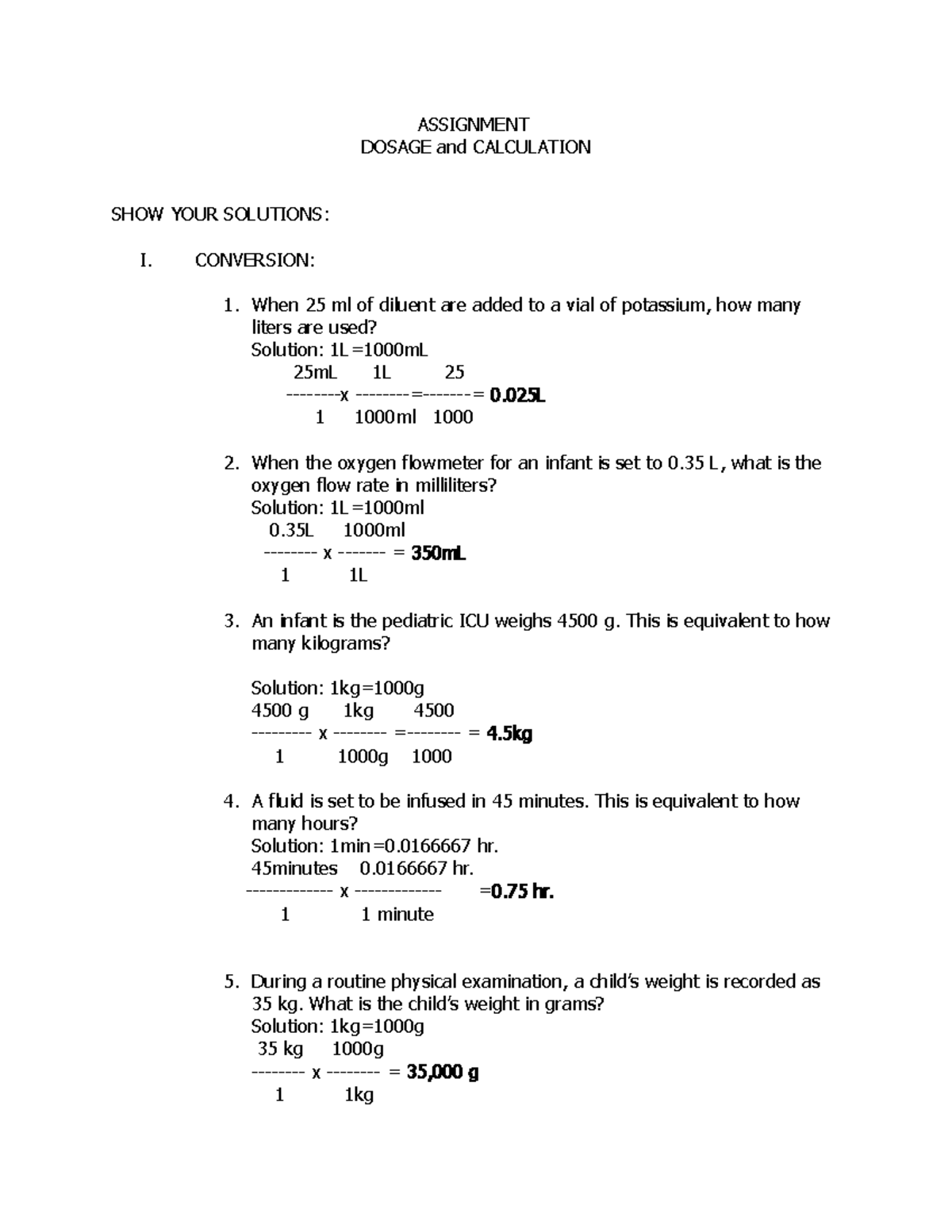 Assignment on Dosage and Calculation - ASSIGNMENT DOSAGE and ...