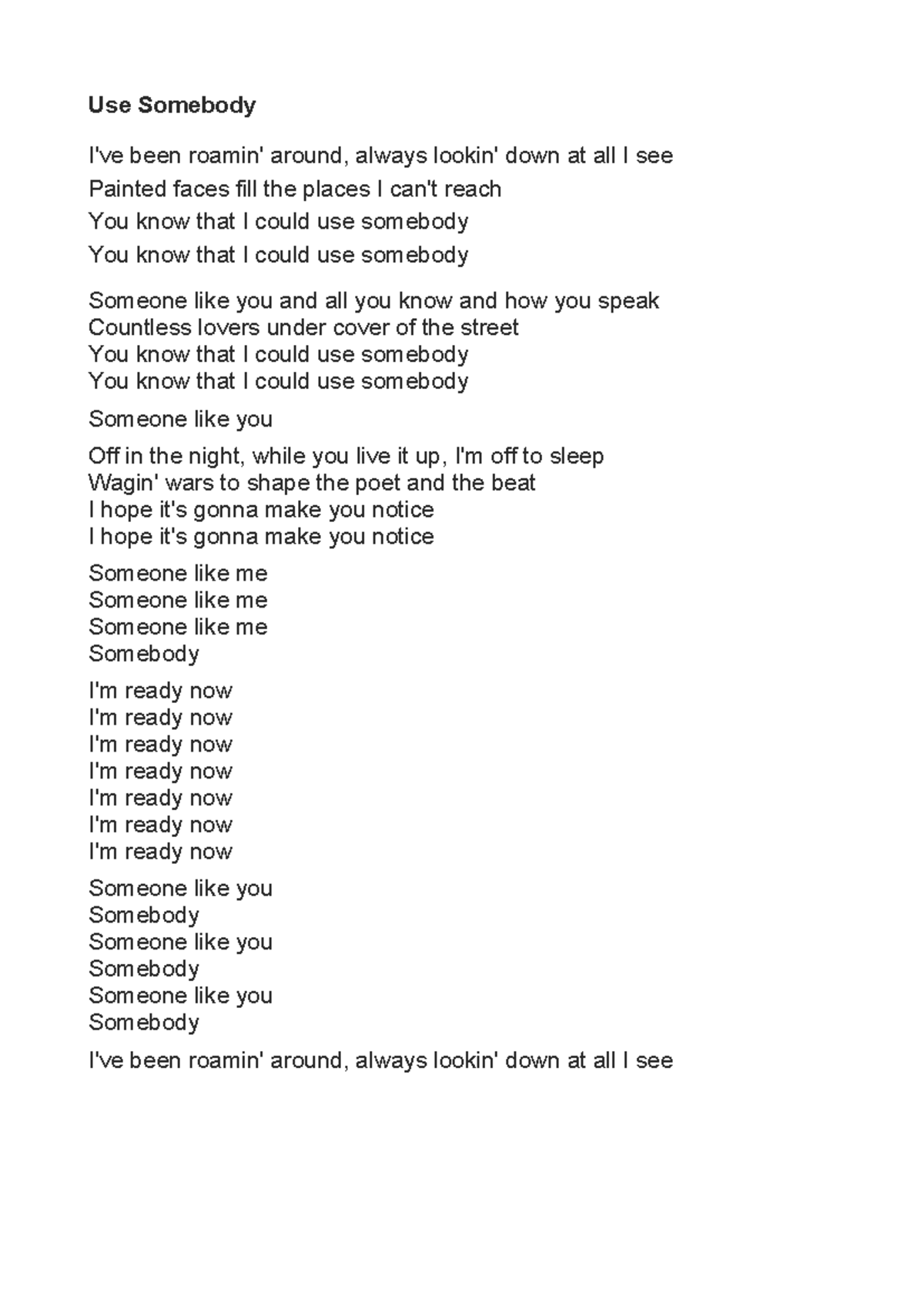 Use Somebody - Song Lyrics Analysis - Studocu