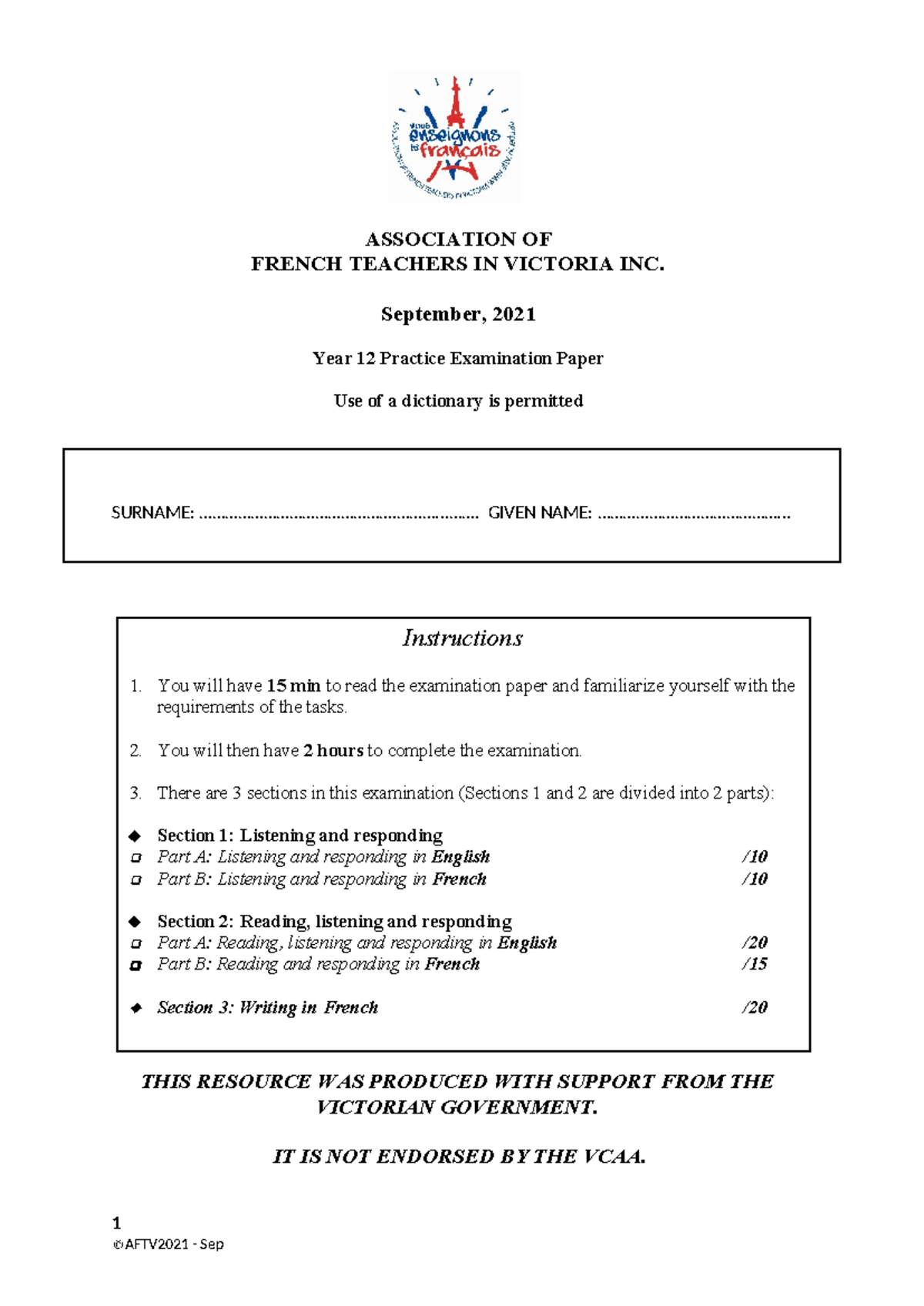 Year 12 French Practice Exam - Alliance Francaise 2021 - Studocu