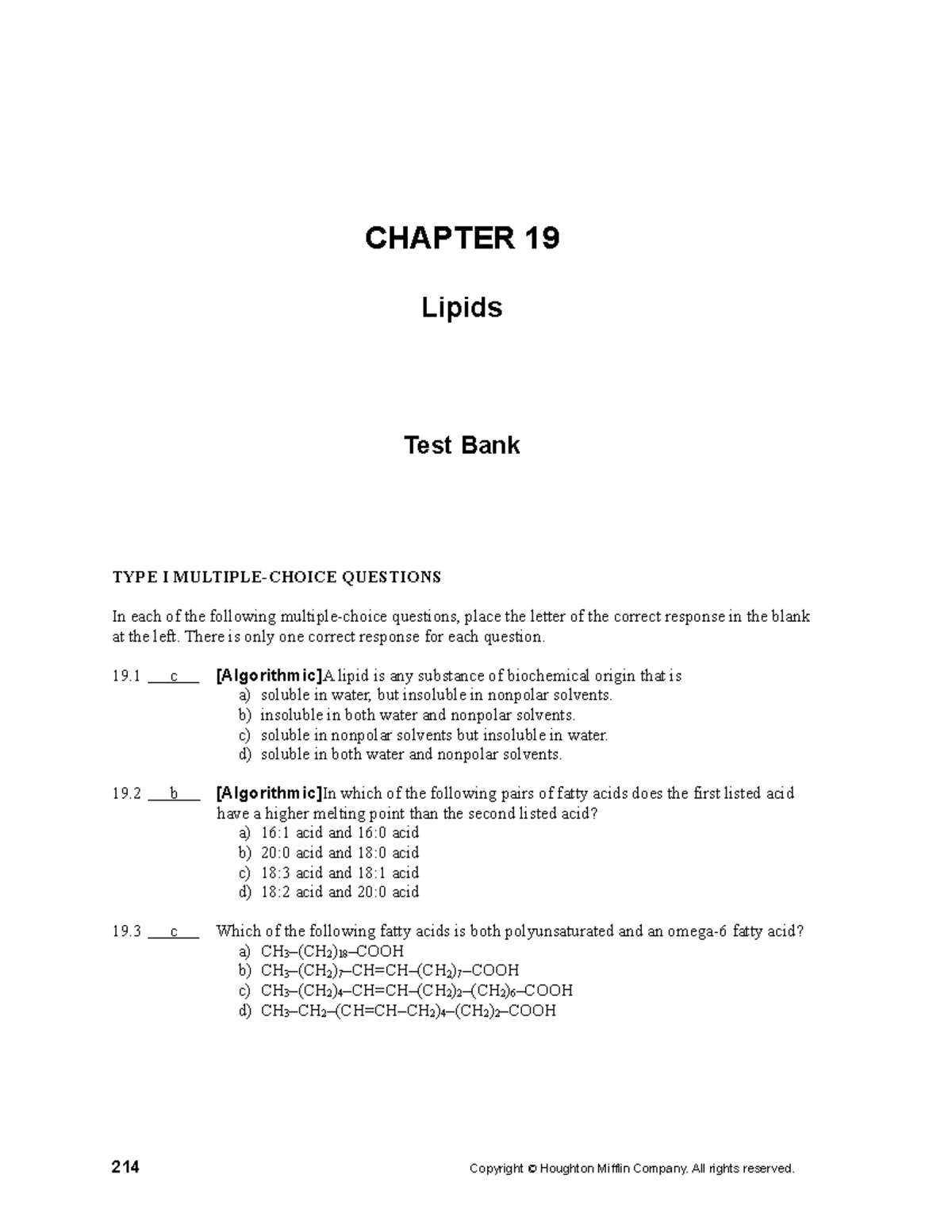 CH19 Test Bank: Lipids Multiple-Choice Questions & Answers - Studocu