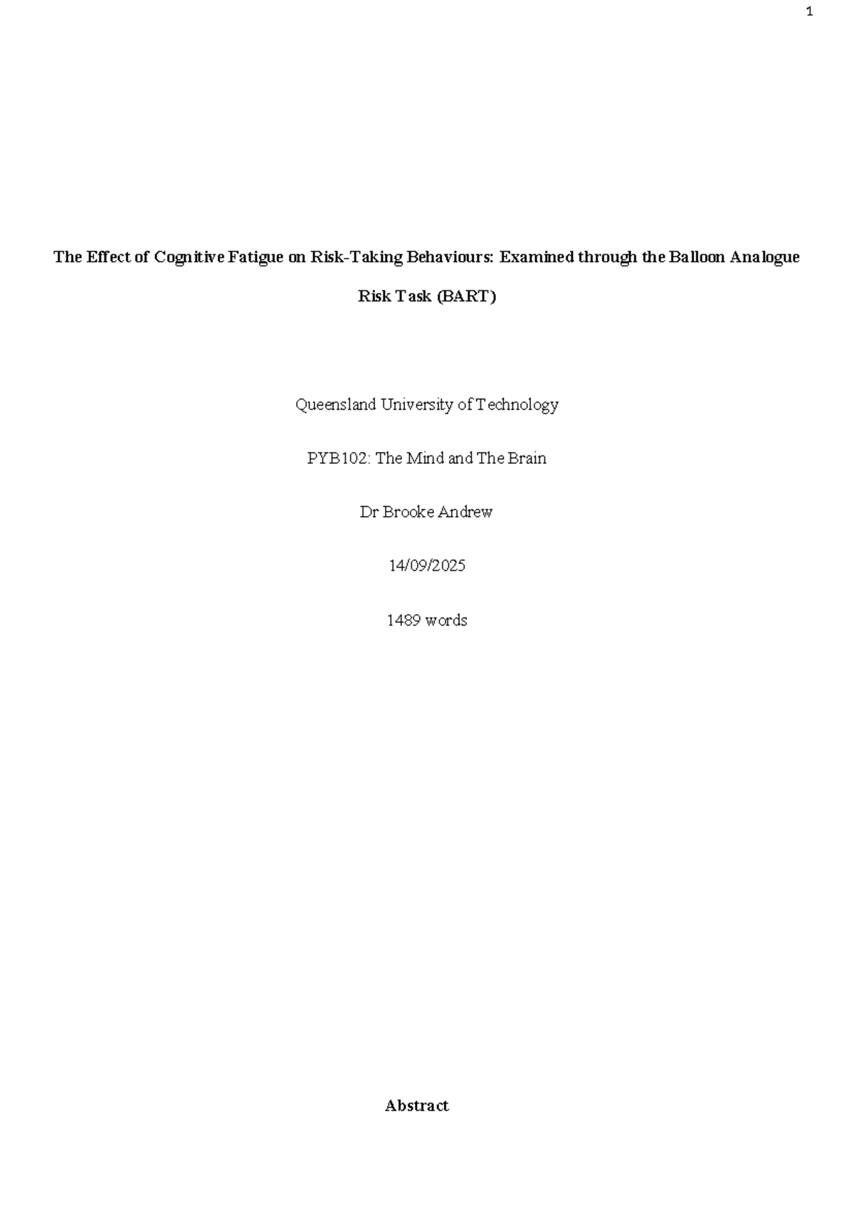 PYB102 Laboratory Report: Cognitive Fatigue and Risk Behaviours in BART ...