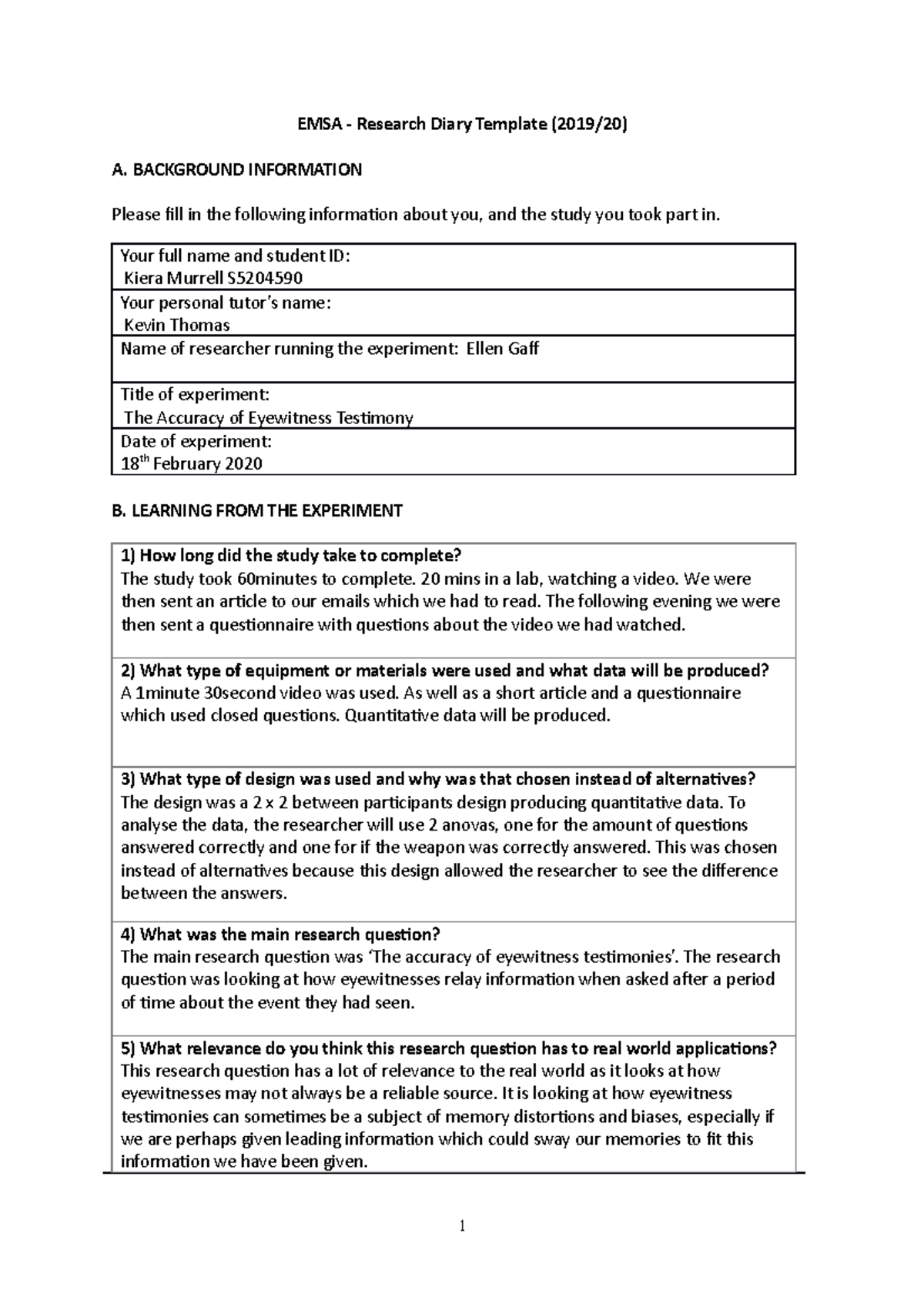 EMSA Research Diary Template for Eyewitness Testimony Study 2019/20 ...