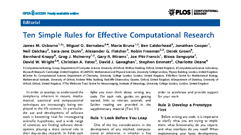 Ten Simple Rules for Effective Comp. Research (PLoS Comput Biol) - Studocu