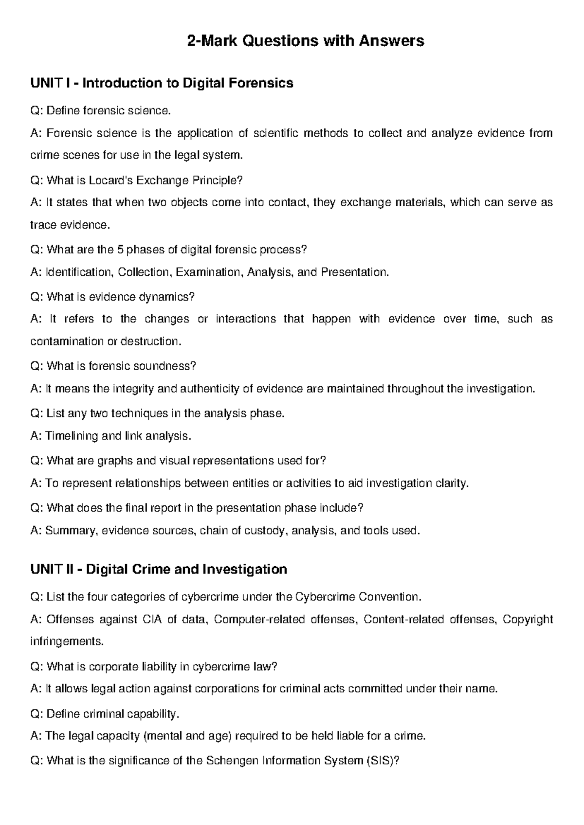 2 Mark Questions: Digital and Mobile Forensics (Unit I-IV) - Studocu