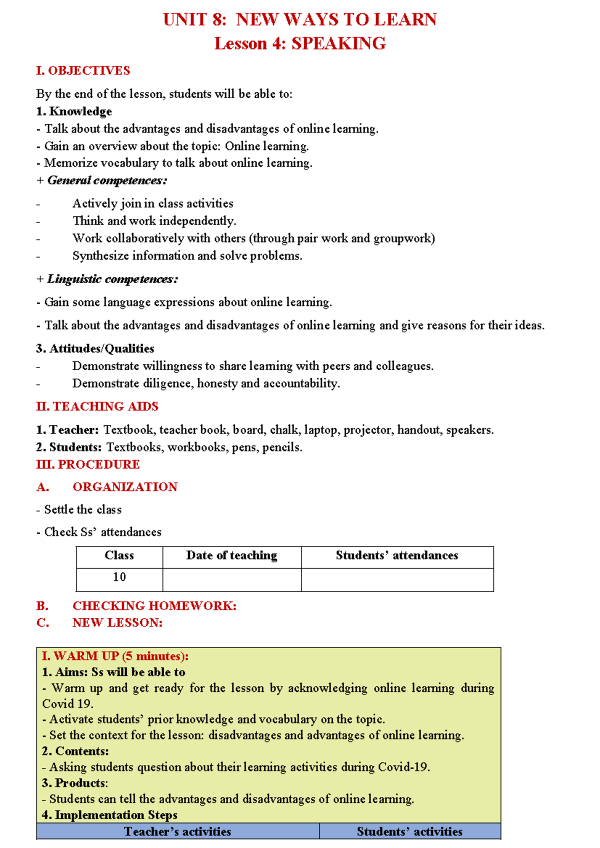 UNIT 8: NEW WAYS TO LEARN - Lesson 4: Speaking Objectives and ...