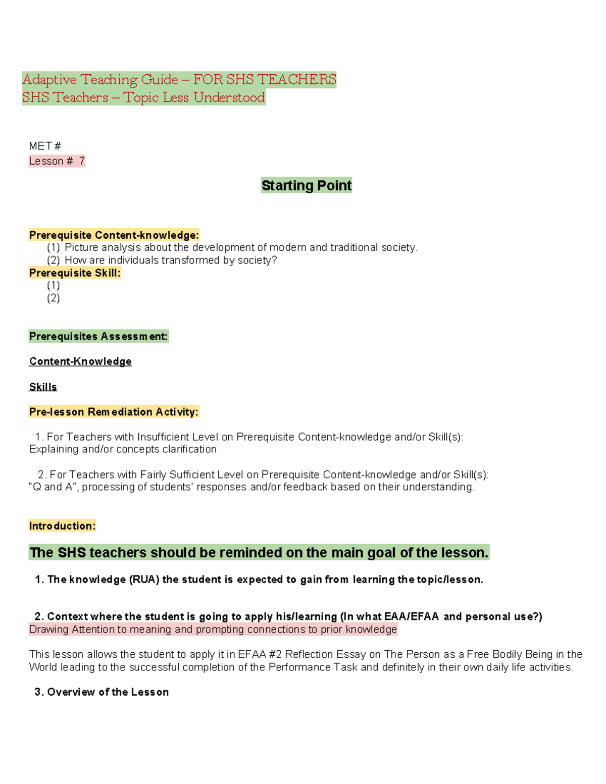 Adaptive Teaching Guide for SHS Teachers: Lesson 7 Overview and ...