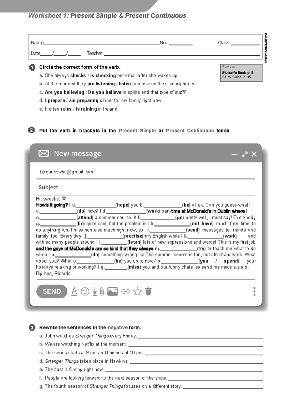 Inglés 2025: Worksheet 1 - Present Simple & Continuous Practice - Studocu