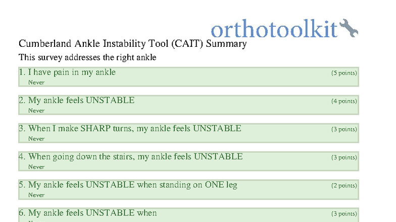 Ortho Tool Kit: CAIT Score Report for Ankle Instability Assessment ...