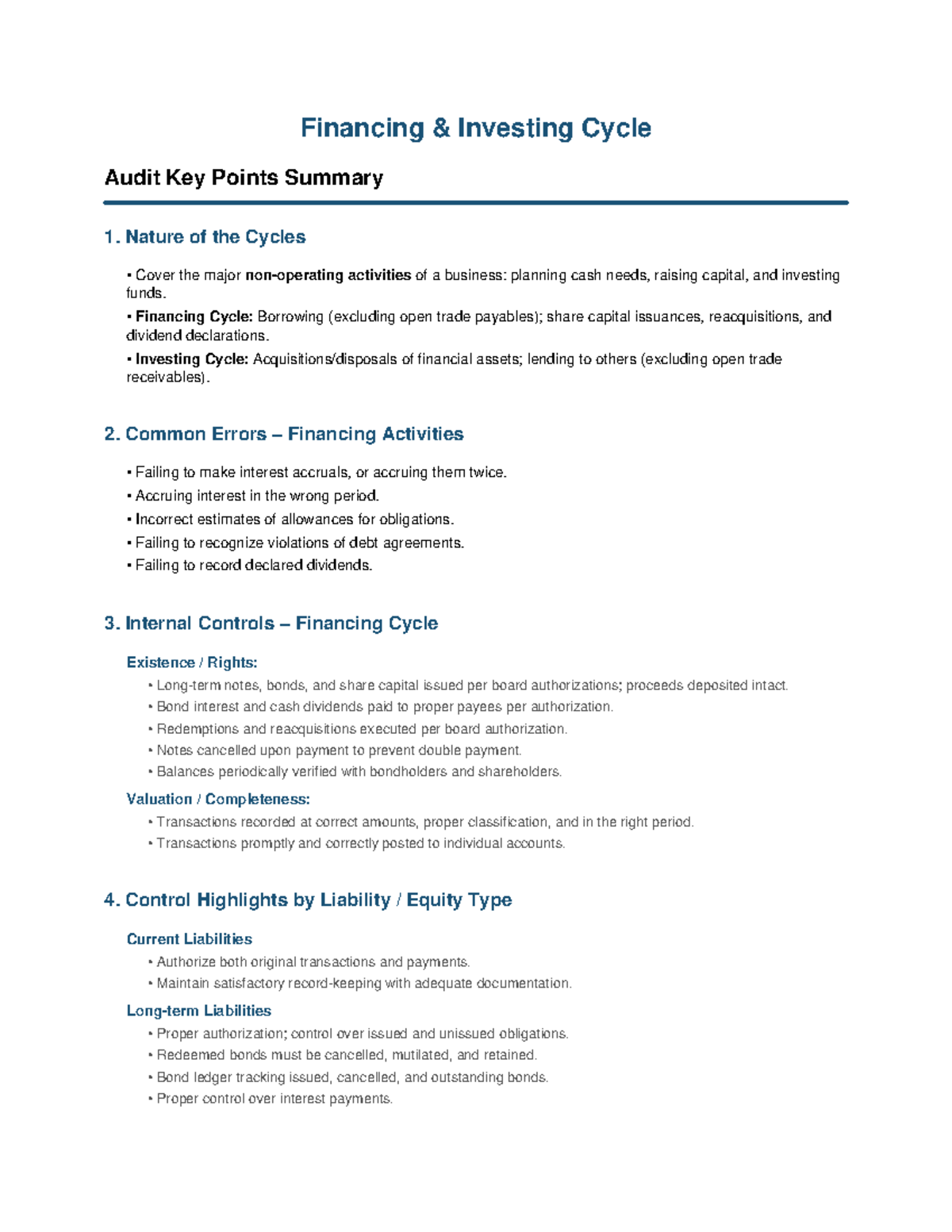 Financing & Investing Cycle Audit Key Points Summary - Studocu