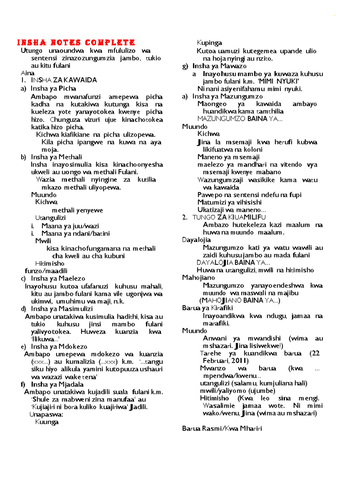 Insha Notes Complete (KISW 101): Mwongozo wa Uandishi wa Insha na Tungo ...