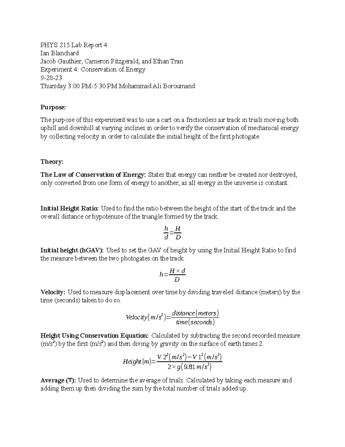 PHYS 215 Lab Report 4: Conservation of Energy Analysis - Studocu