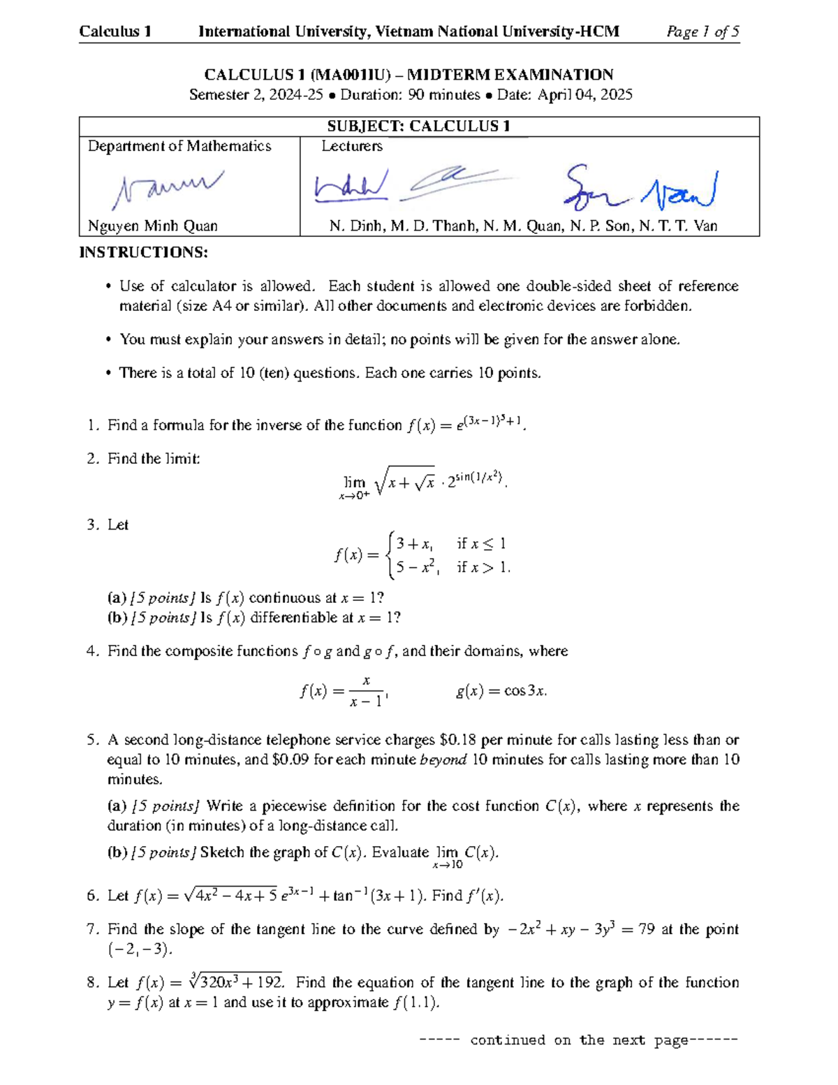 Calculus 1 (MA001IU) Midterm Exam S2 2024-25 with Answers - Studocu