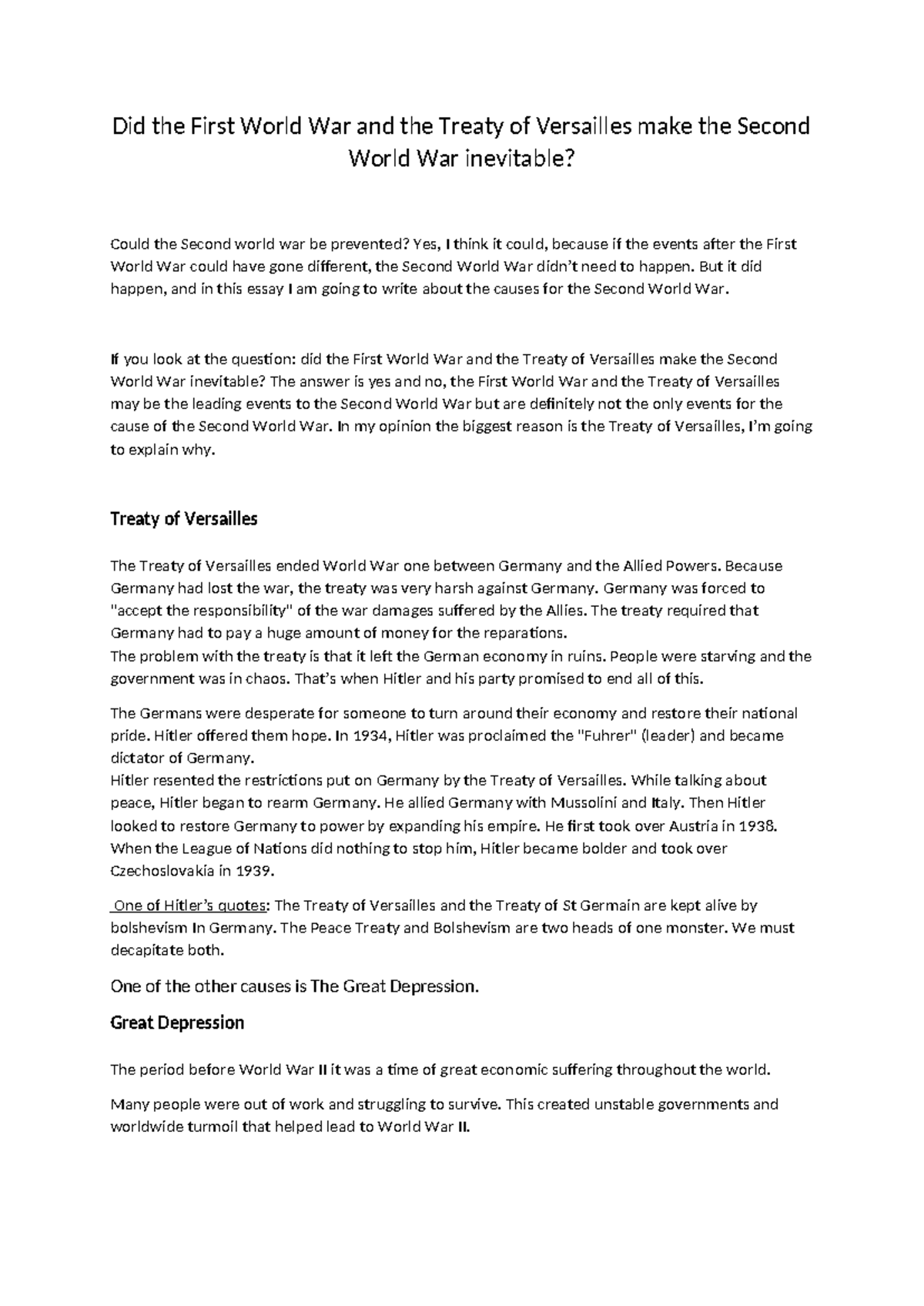 The Impact of WWI & the Treaty of Versailles on WWII Causes - Studeersnel