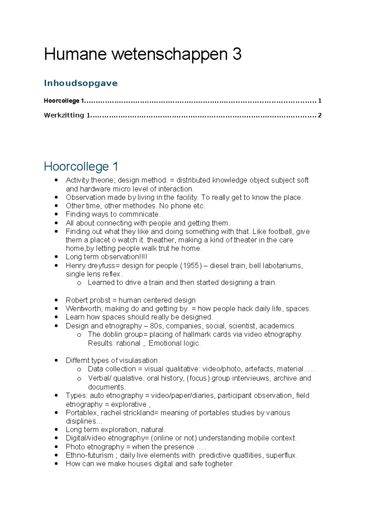 Humane Wetenschappen 3: Hoorcollege 1 en Werkzitting 1 Inhoudsopgave ...