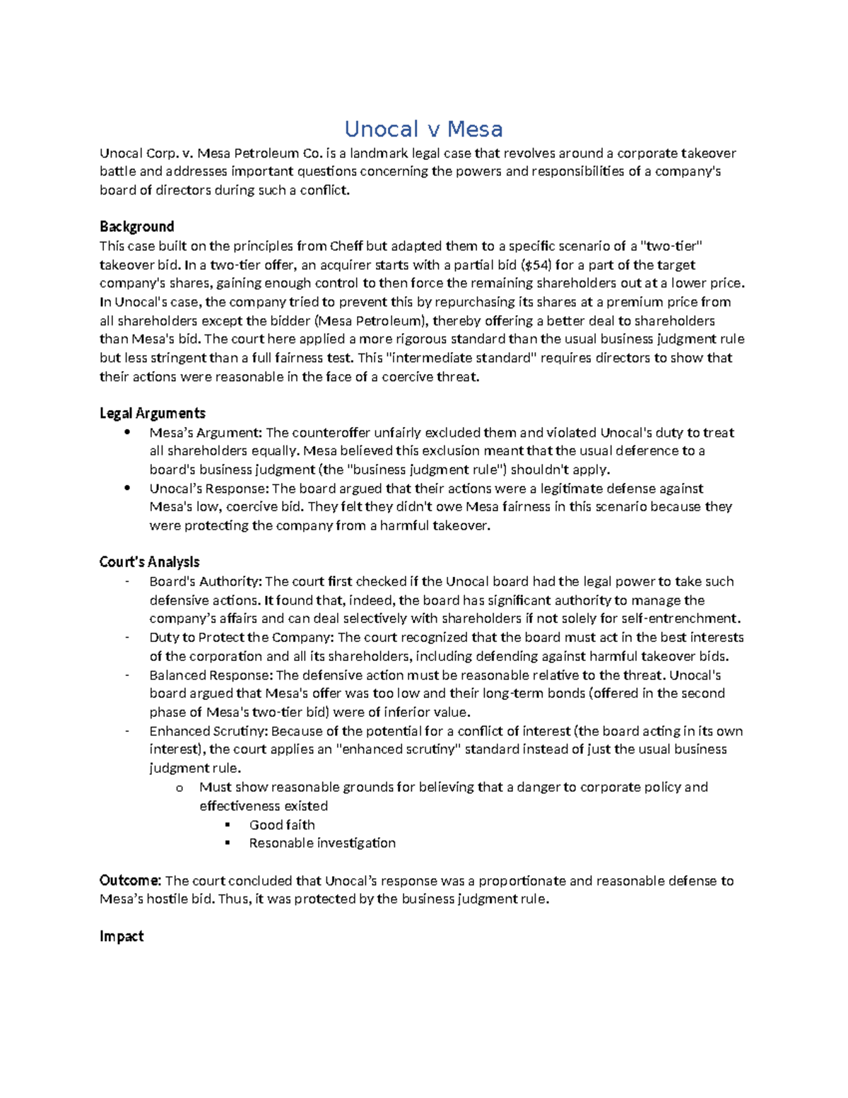 Unocal v Mesa - Business Organization Case - Unocal v Mesa Unocal Corp. v. Mesa Petroleum Co. is ...