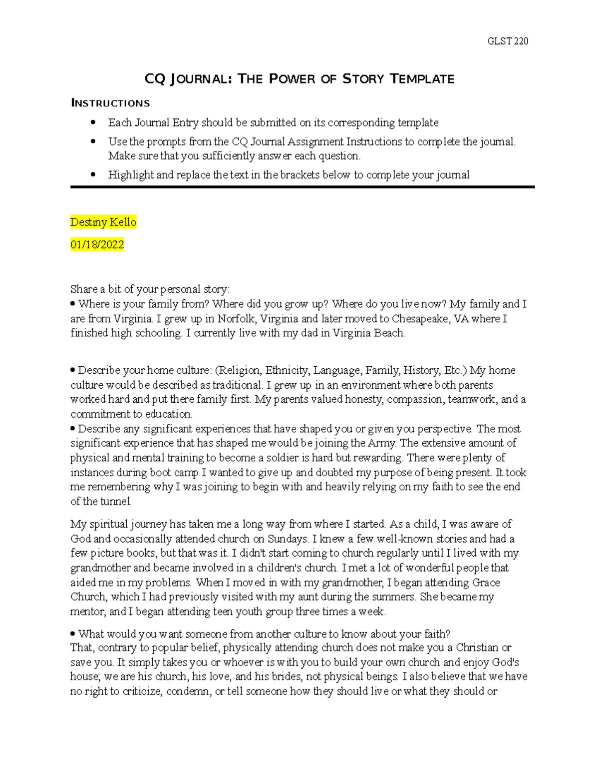 CQ The power of story - Assignment - GLST 220 CQ JOURNAL: THE POWER OF ...