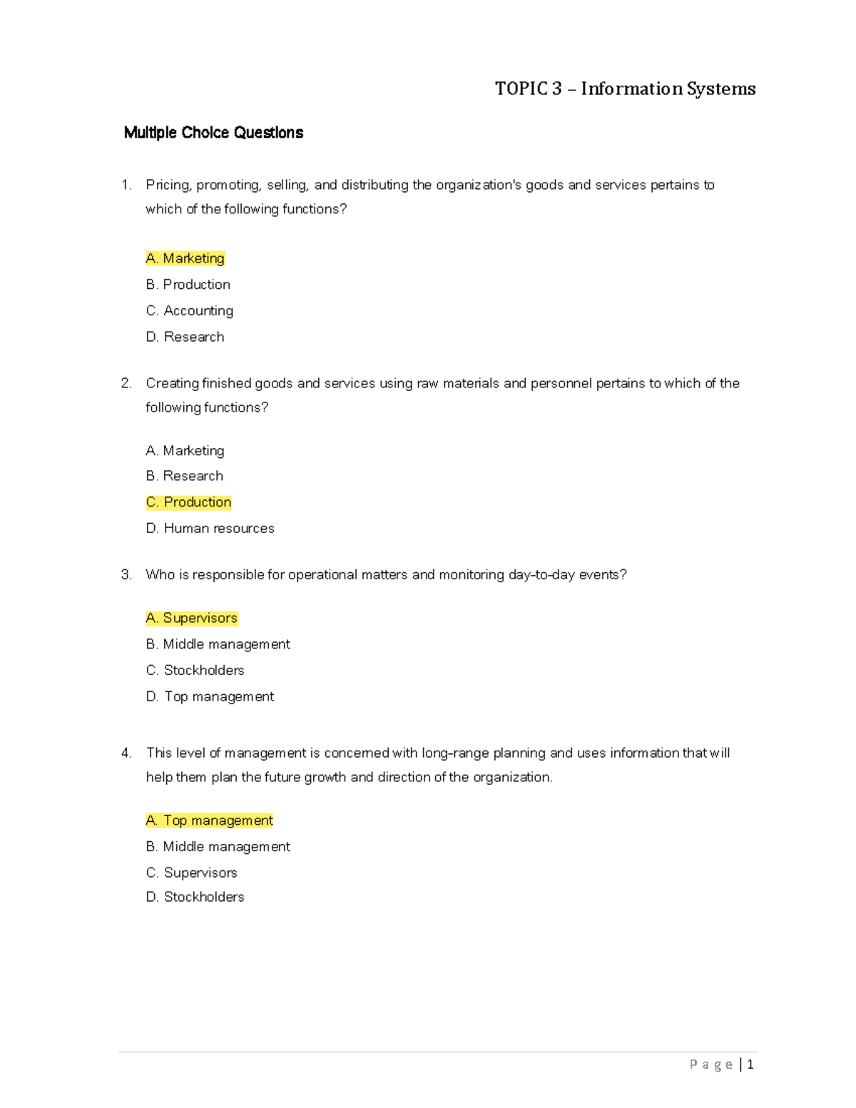 Topic 3 Tutorial Questions Marking scheme - Multiple Choice Questions 1 ...