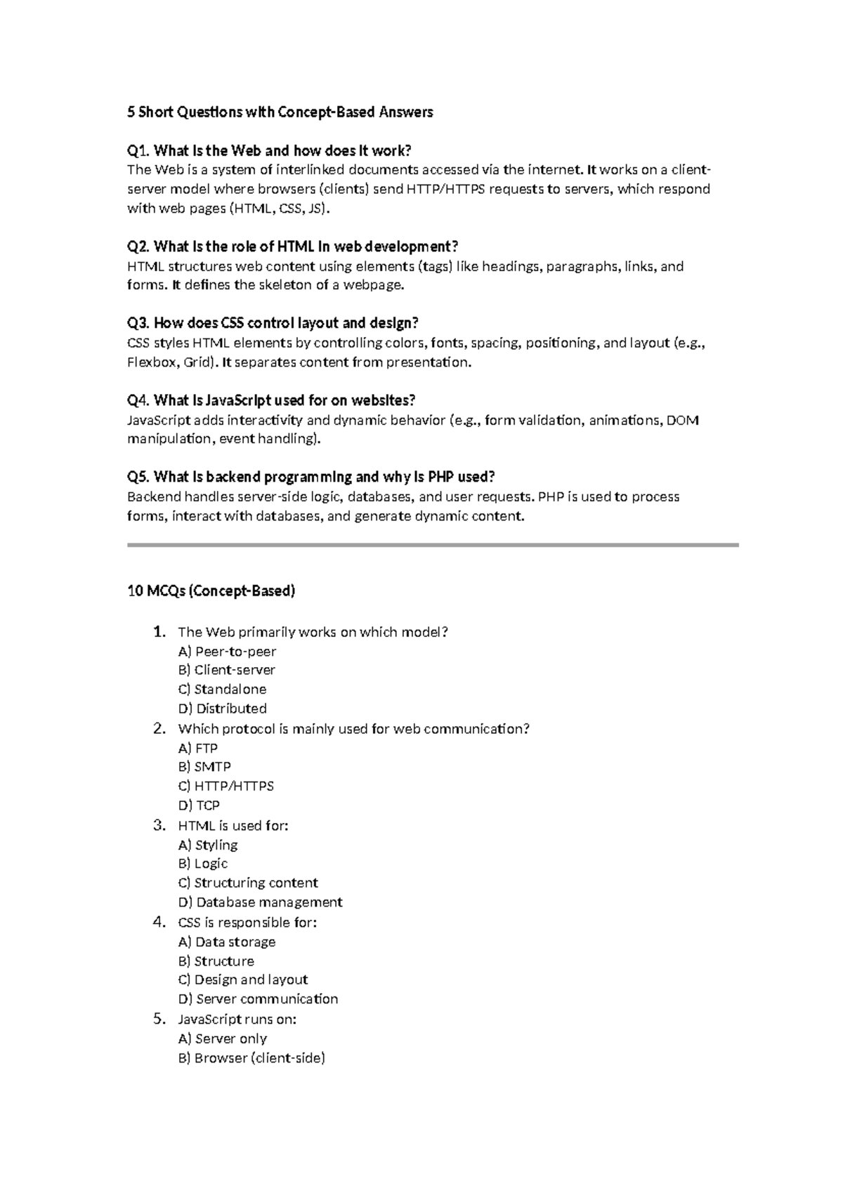 CS511 - Web Development: Short Q&A & MCQs - Studocu