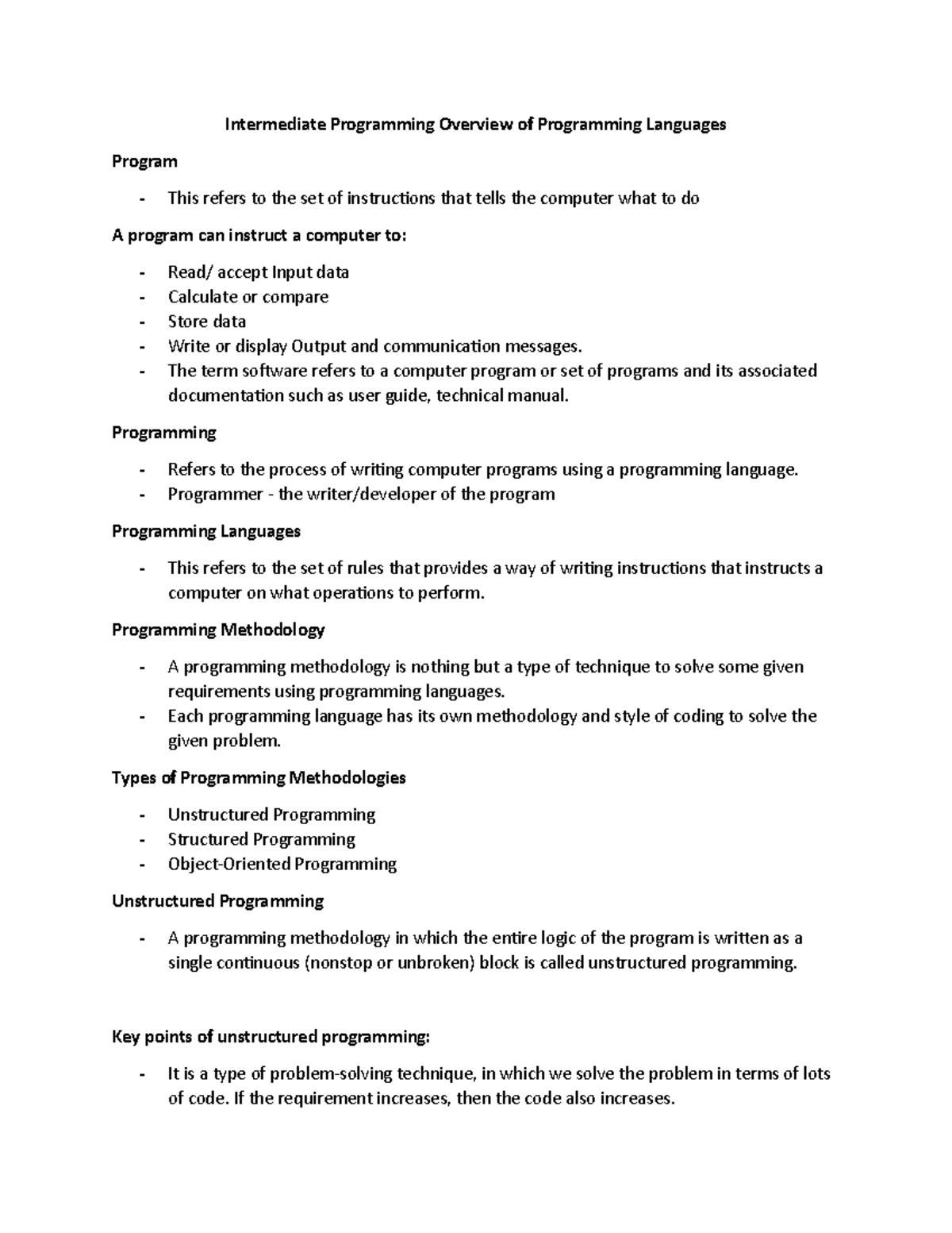 Notes in Programming - Intermediate Programming Overview of Programming ...