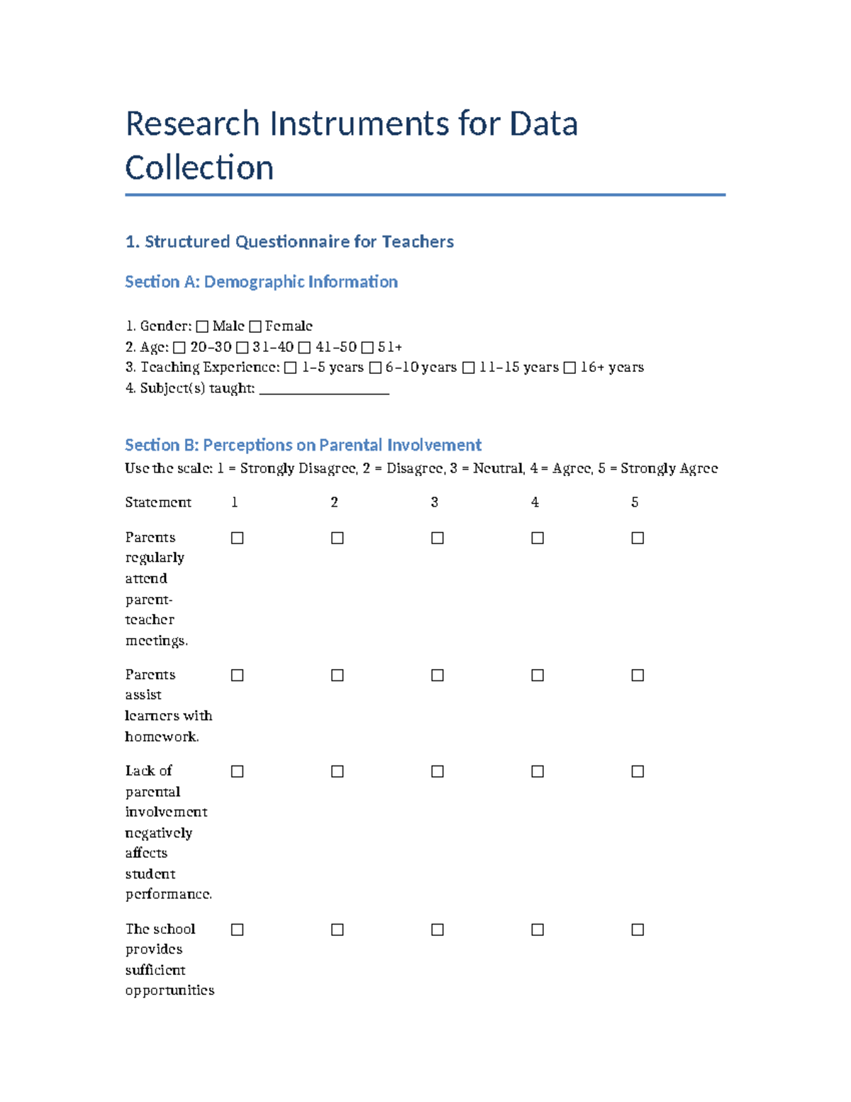 Parental Involvement Research Instruments: Structured Questionnaires ...