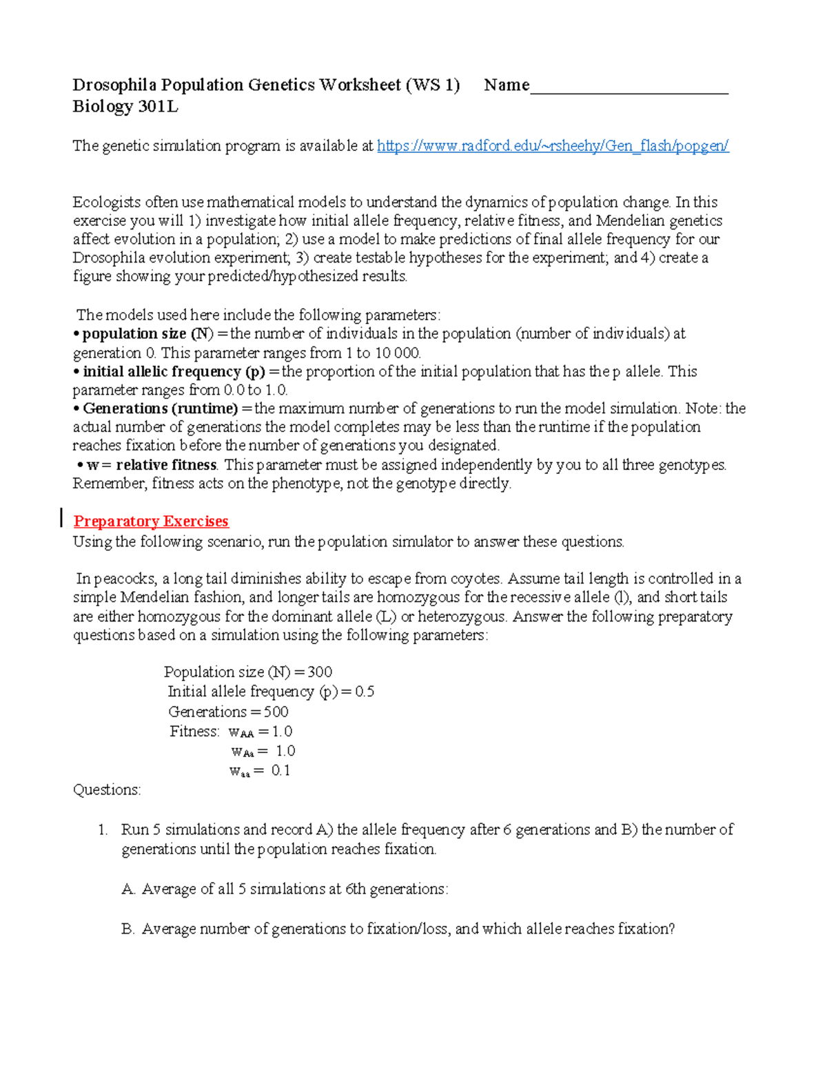 Drosophila Population Genetics Worksheet (WS 1) for Biology 301L - Studocu