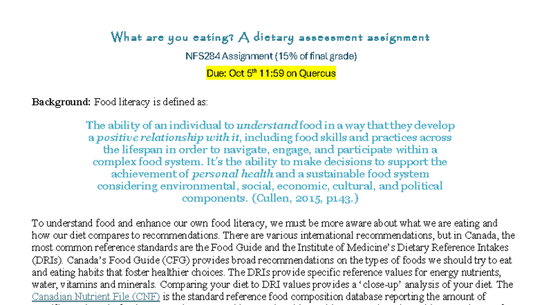 NFS284 Final Assignment: 3-Day Dietary Assessment Guidelines - Studocu