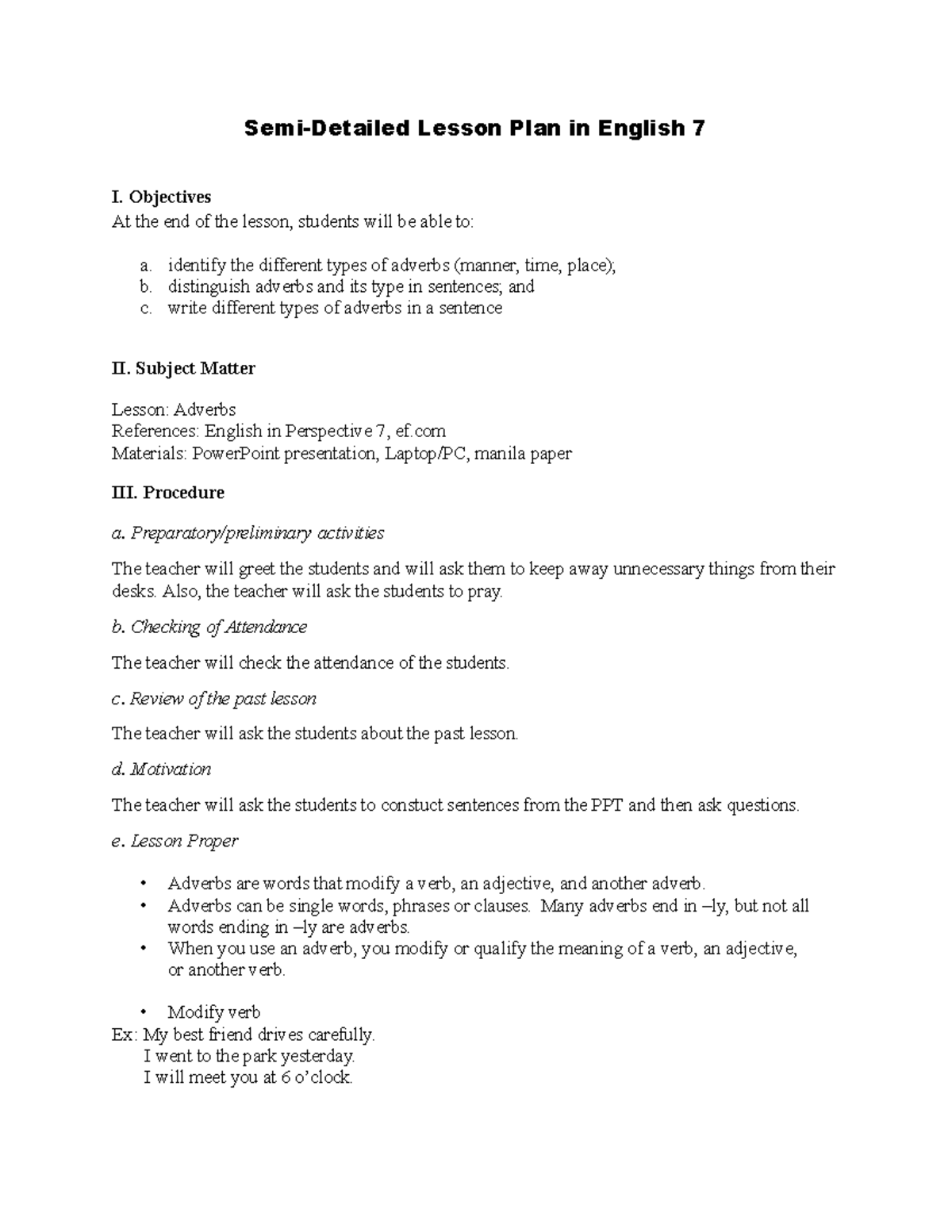 Adverbs - Lesson Plan for English 7 (Grade 7 Teaching Guide) - Studocu