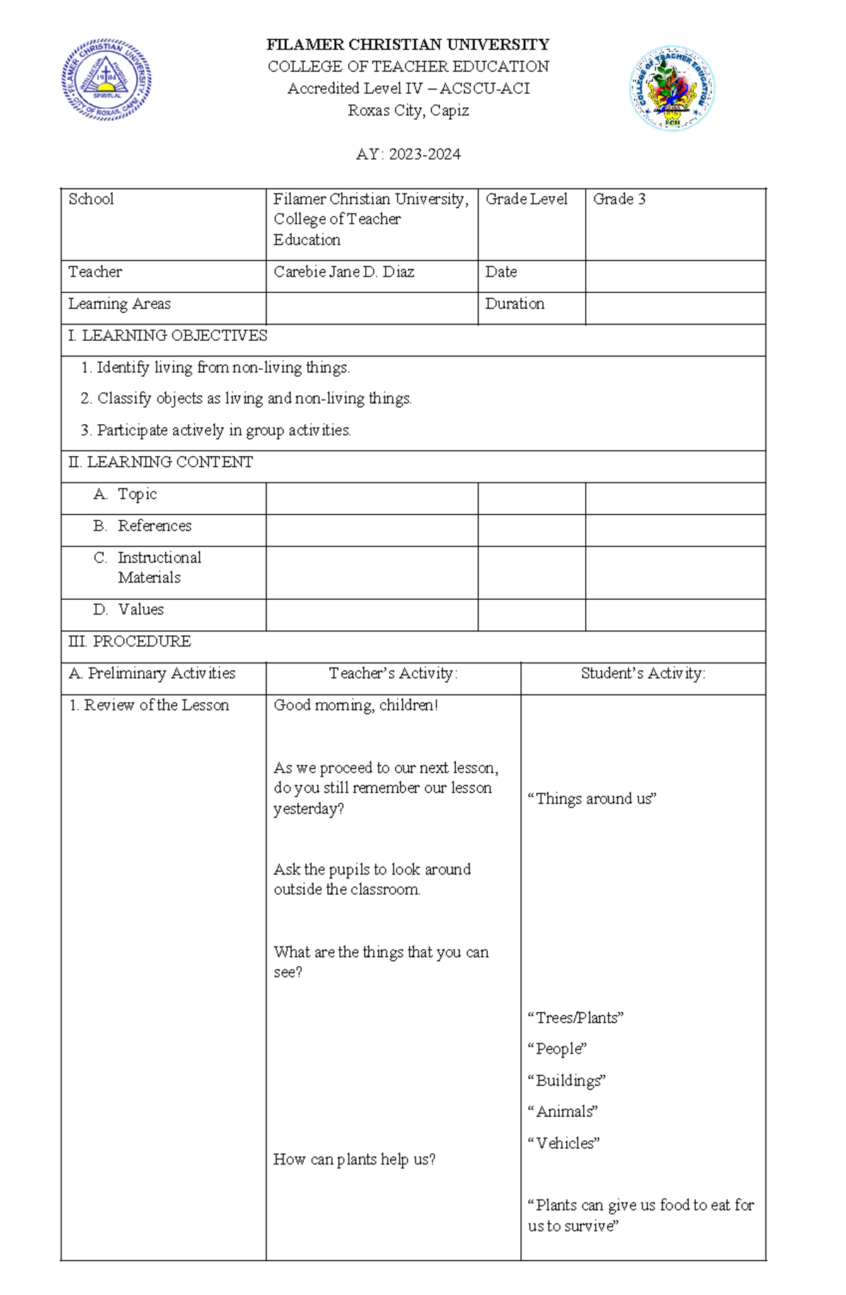 Grade 3 Living and Non-Living Things - Lesson Plan - Studocu