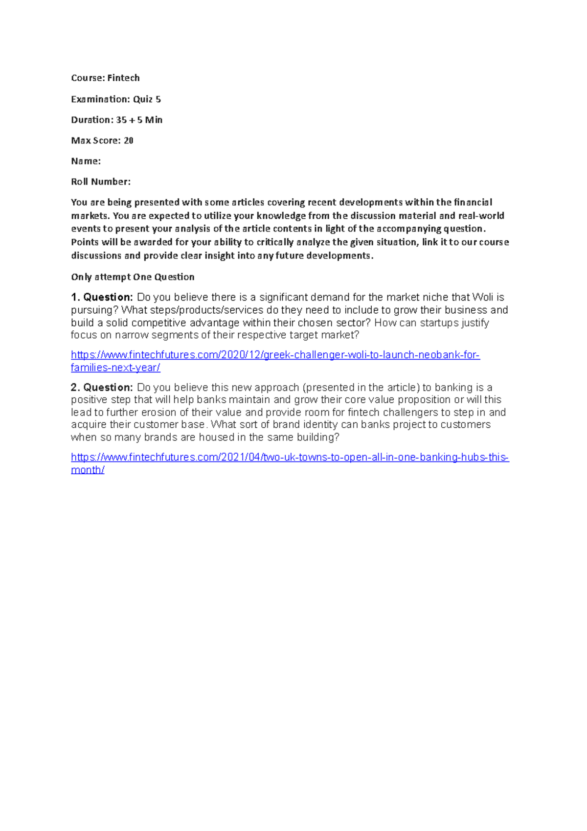 Quiz 5 - Fintech Analysis: Articles on Market Developments - Studocu