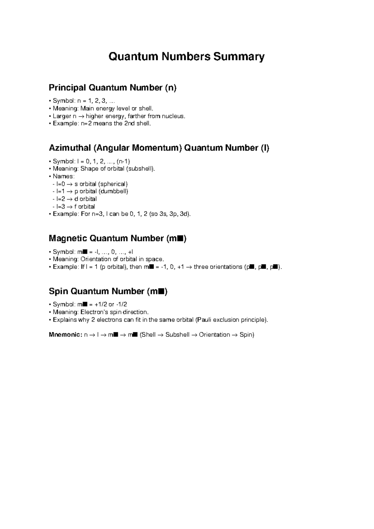Quantum Numbers Symbols