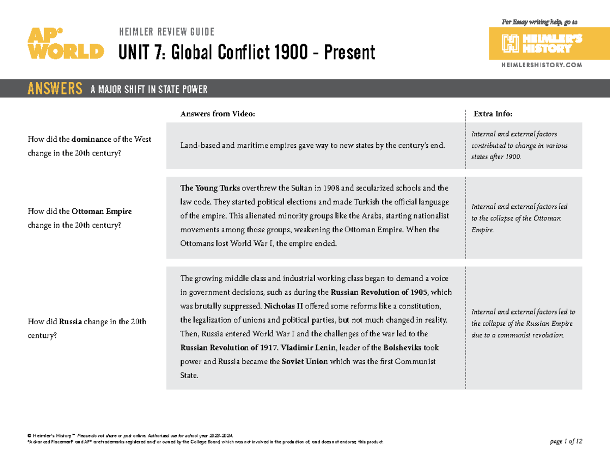 AP World HRG Unit 7 Noteguide: Answers on Global Conflict 1900-Present ...