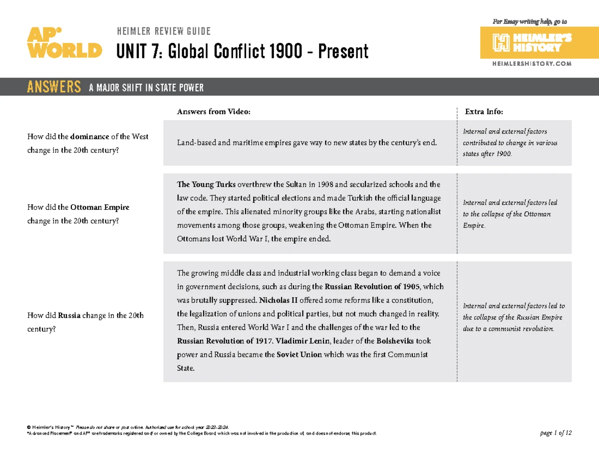 AP World HRG Unit 7 Noteguide: Answers on Global Conflict 1900-Present ...