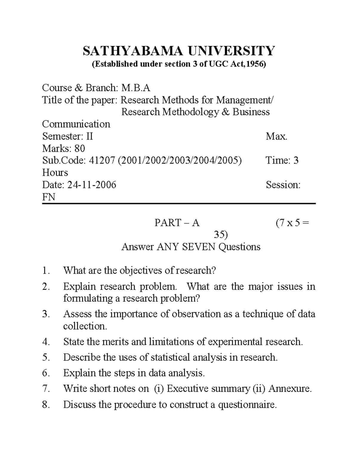 M.B.A Research Methods Exam Notes (Sub.Code: 41207) - Studocu